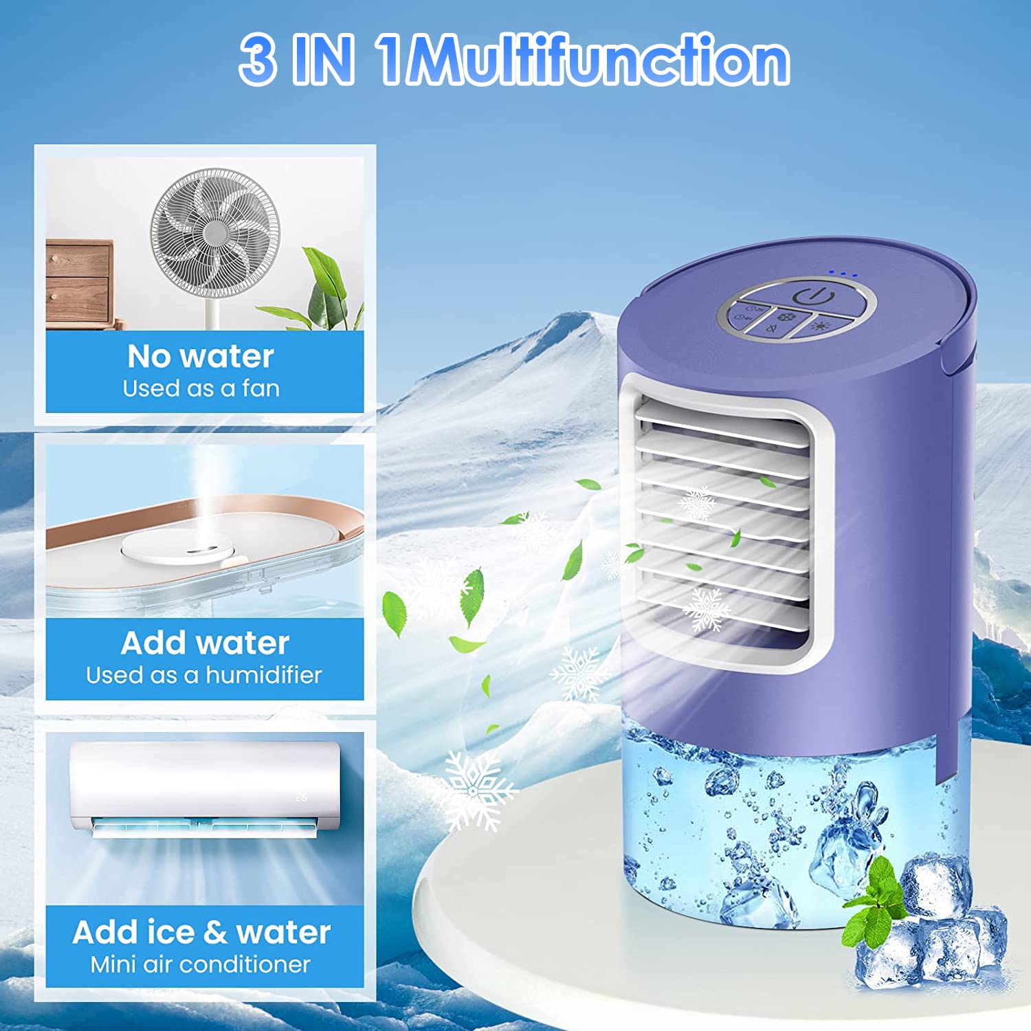 Portable Air Conditioner, 3-in-1 Personal Air Cooler with 3 Speed, 400ML Evaporative Humidifier with 2/4 Timer, Desktop Mini Cooling Misting Fan for Room Home Office, 7 Color Night Lights (White)