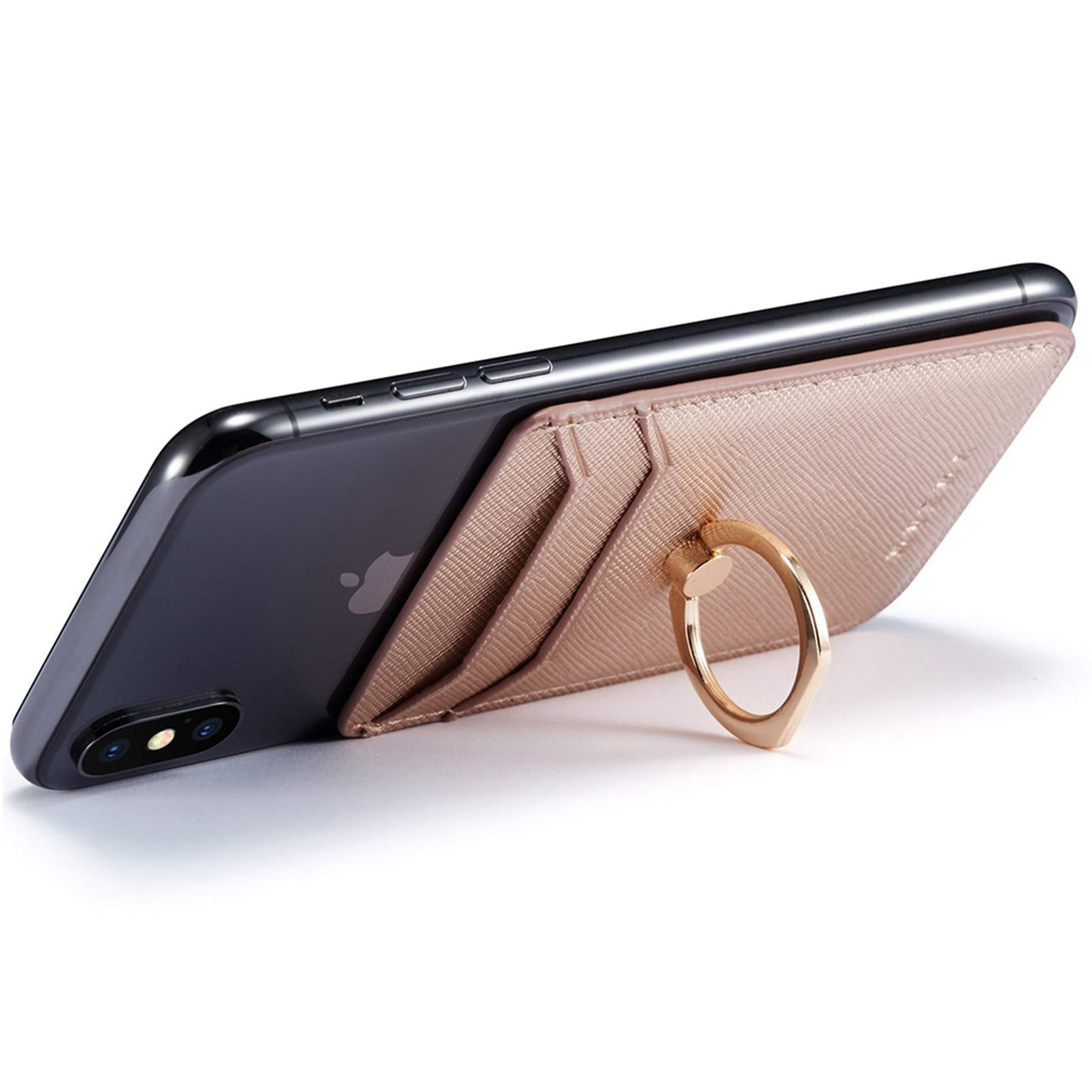 ACRSIKR Card Holder for Back of Phone, RFID Blocking Cell Phone Credit Wallet with Ring Pocket Stick on iPhone Rose Gold