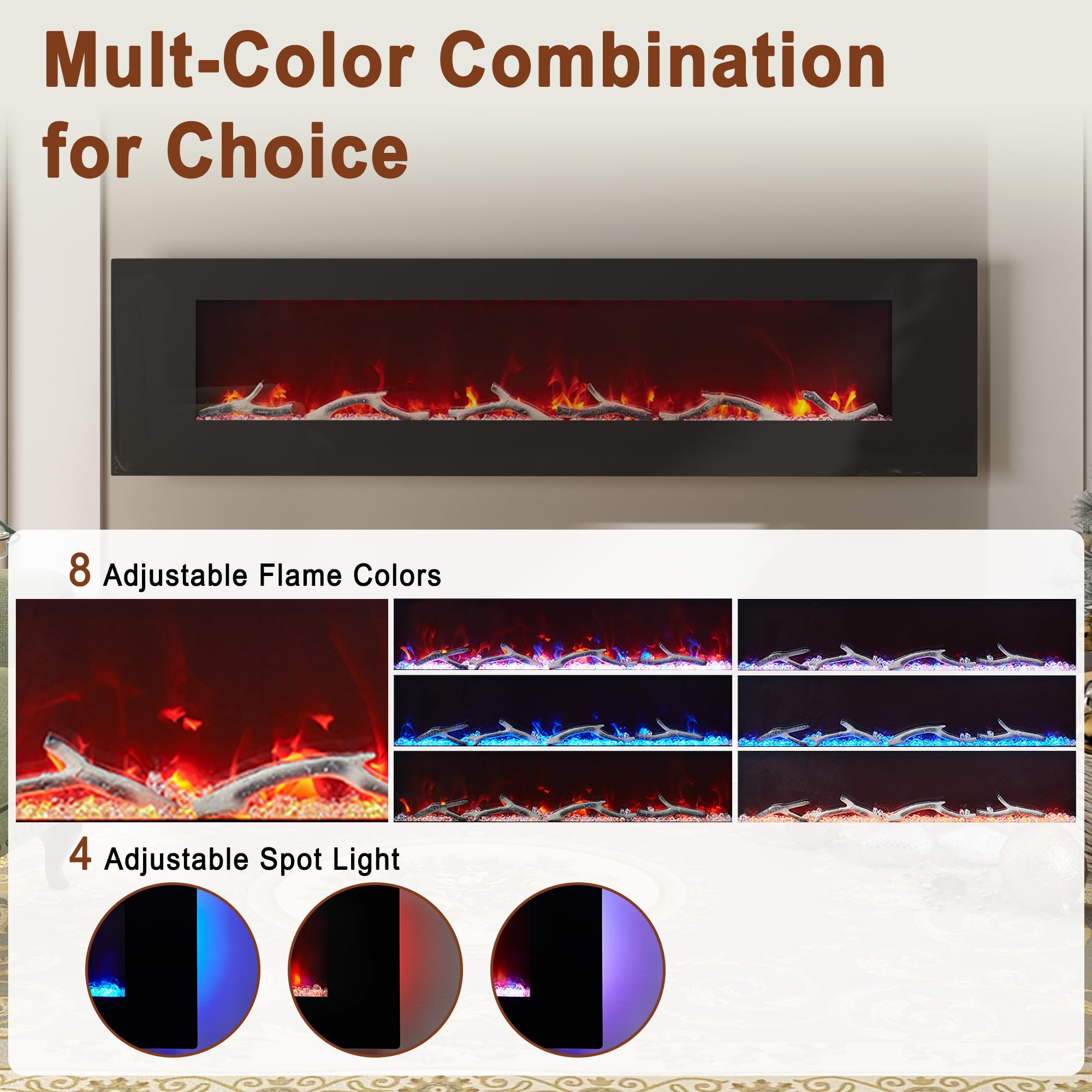 72in Electric Fireplace with Bluetooth Speakers Wall Mounted Linear Fireplace Heater Low Noise Adjustable 8 Flame Colors,8h Timer,Remote Control with Log & Crystal Hearth Options (No-Recessed)