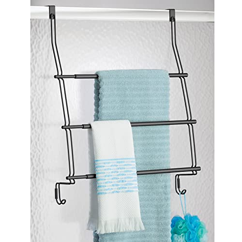 mDesign Expandable Metal Over Shower Door Towel Rack for Bathroom - 3-Tier Organizer with 2 Large Hooks - Holder for Hand/Bath Towels, Washcloths, Loofahs, Sponges - Trinity Collection - Matte Black