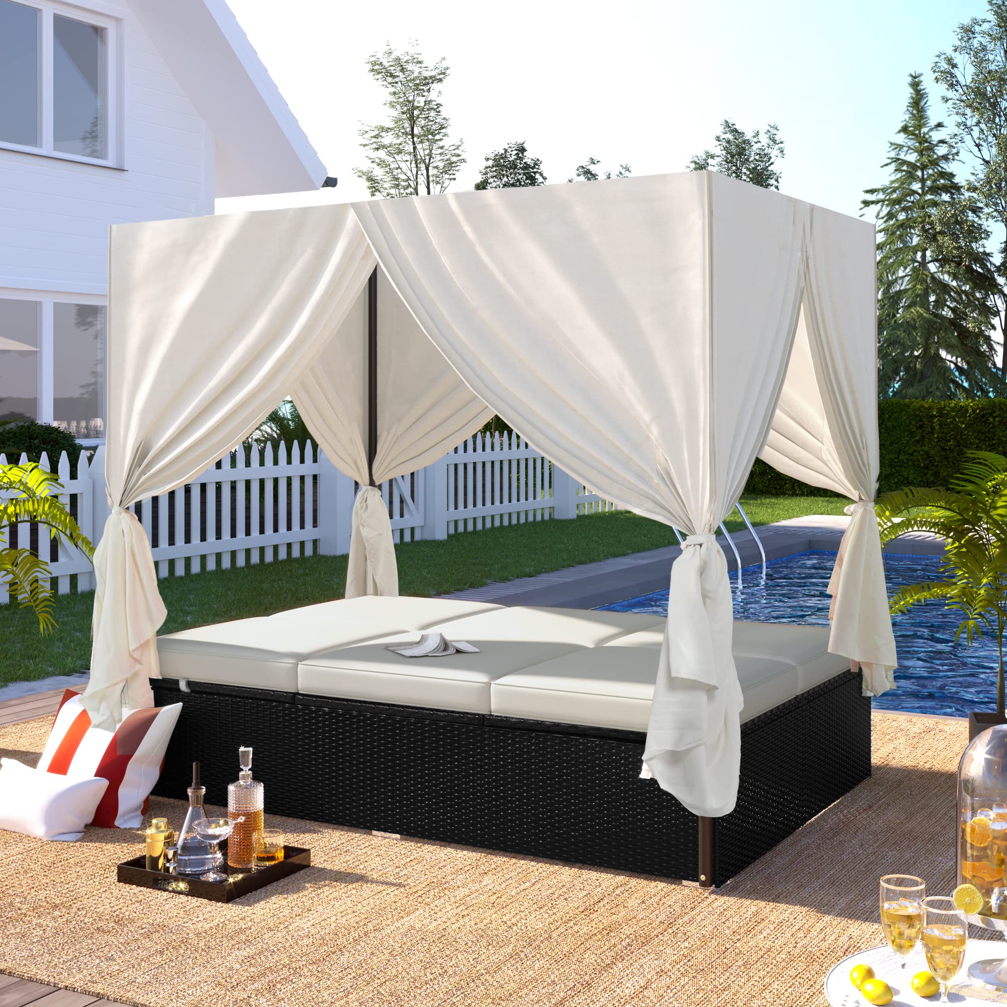 LUMISOL Outdoor Patio Chaise Lounge, Patio Sunbed Canopy Bed Daybed with Retractable Canopy, Rattan Sun Lounger Patio Loveseat Sofa Set with Curtains