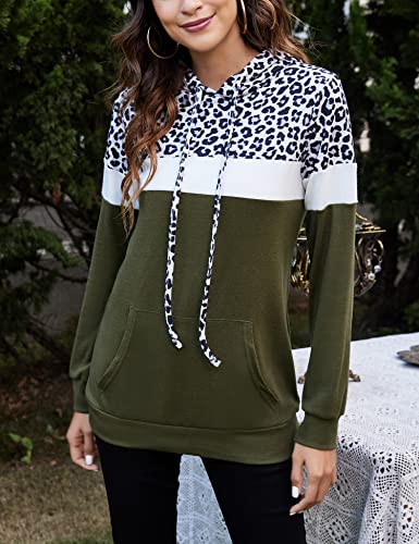 Bluetime Women Pullover Sweatshirt with Pocket Color Block Long Sleeve Fall Tops Shirts Leopard Hoodies (XL, Leopard Olive Green)