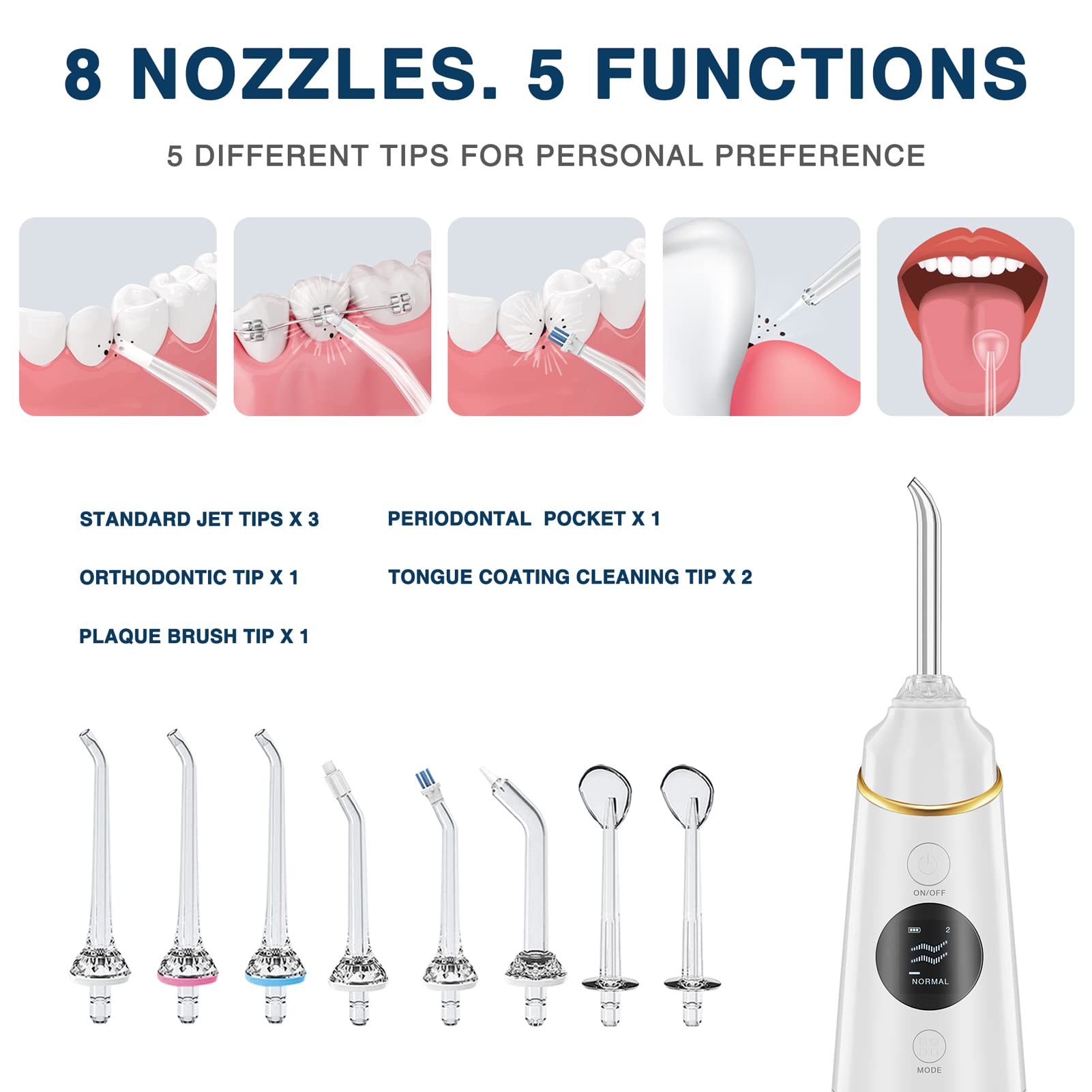 AROVEA Water Flosser, 5 Professional Modes, 8 Replaceable Jet Tips - IPX7 Waterproof, Powerful Rechargeable Battery Life, Oral Dental flosser for Home Travel