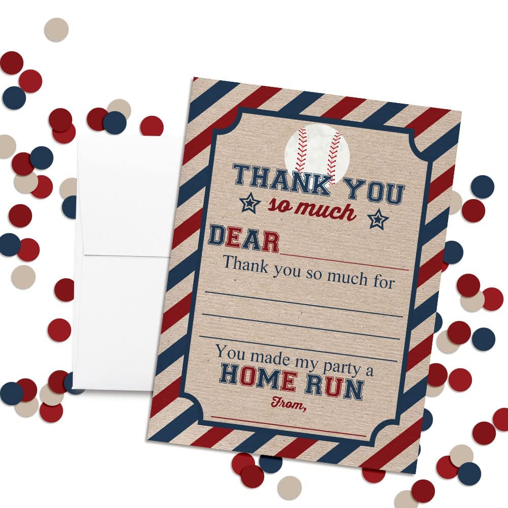 Rookie of the Year Baseball Birthday Thank You Notes, Ten 4" x 5.5" Fill In The Blank Cards with 10 White Envelopes by AmandaCreation