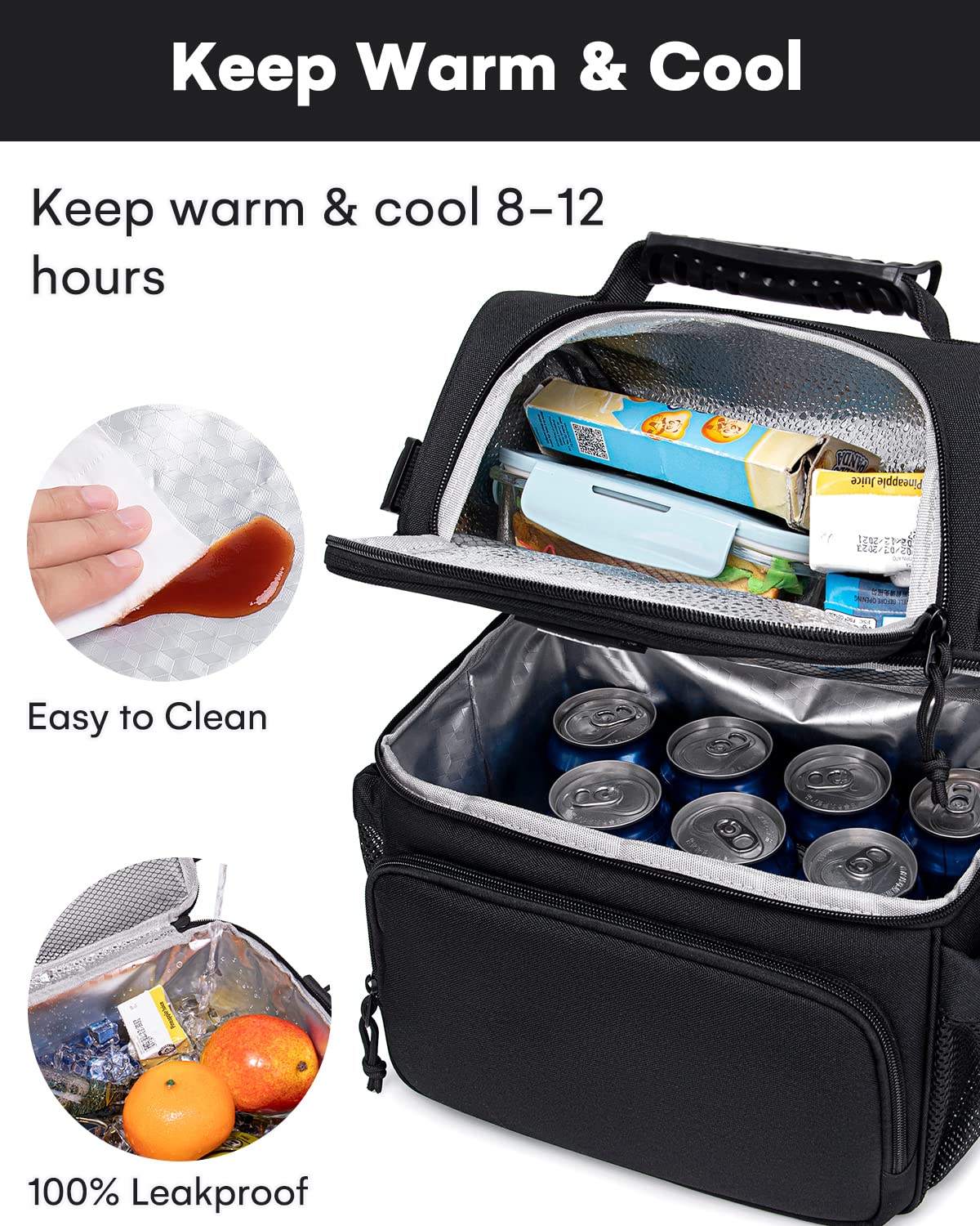 Artelaris Lunch Bag for Men Women, Dual Compartment Insulated Lunch Bag, Large Double Deck Leakproof Cooler Tote Bag with Side Pockets & Shoulder Strap Lunch Box for Picnic Work Camping Fishing