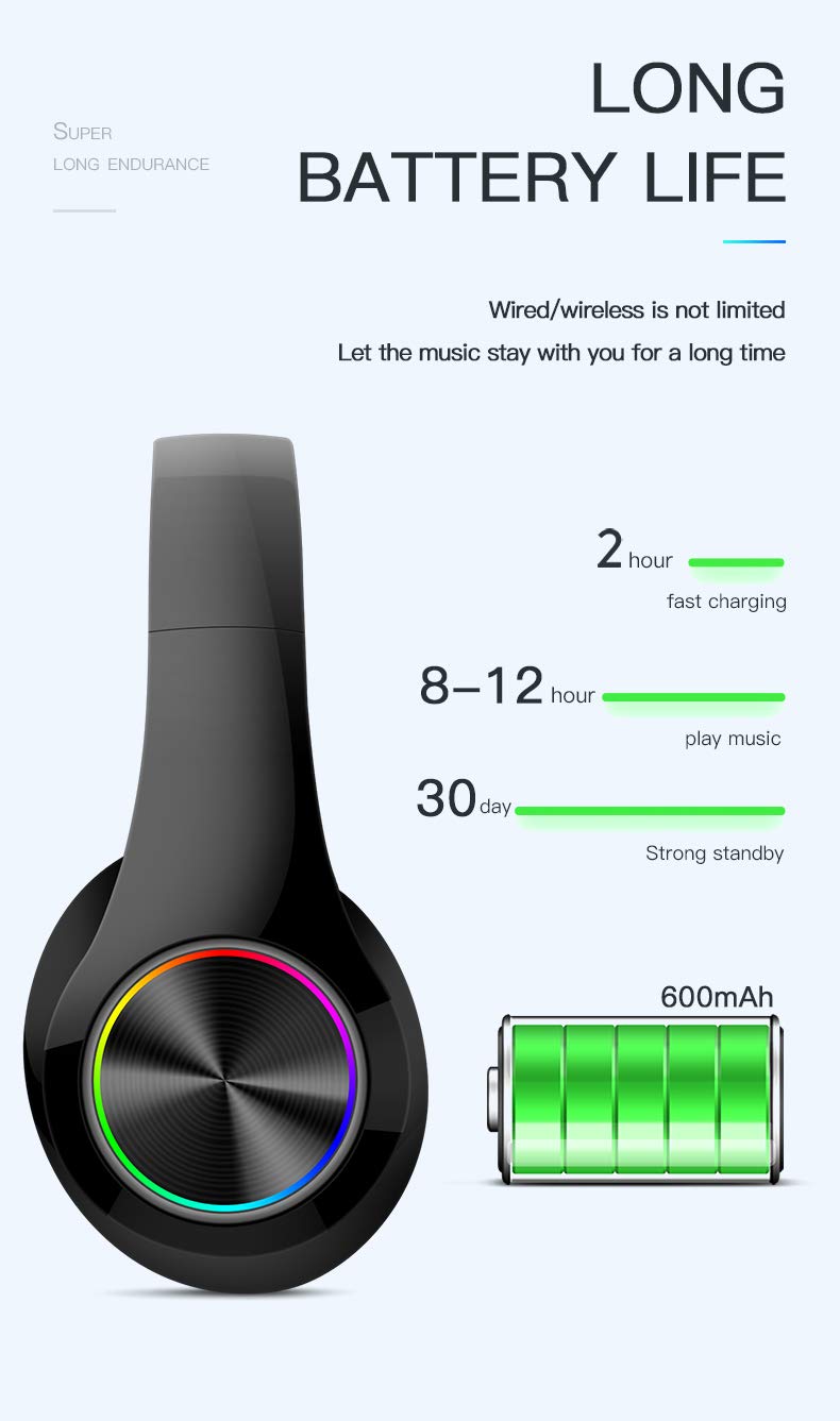 Amazing 7 LED Bluetooth Headphones with 8Hours Playtime, Wireless Headsets Over Ear, Hi-Fi Stereo, Multi-Colored Breathing Led, Built-in Mic, Snug Fit Earphones for Game Video DJ (Red Black)
