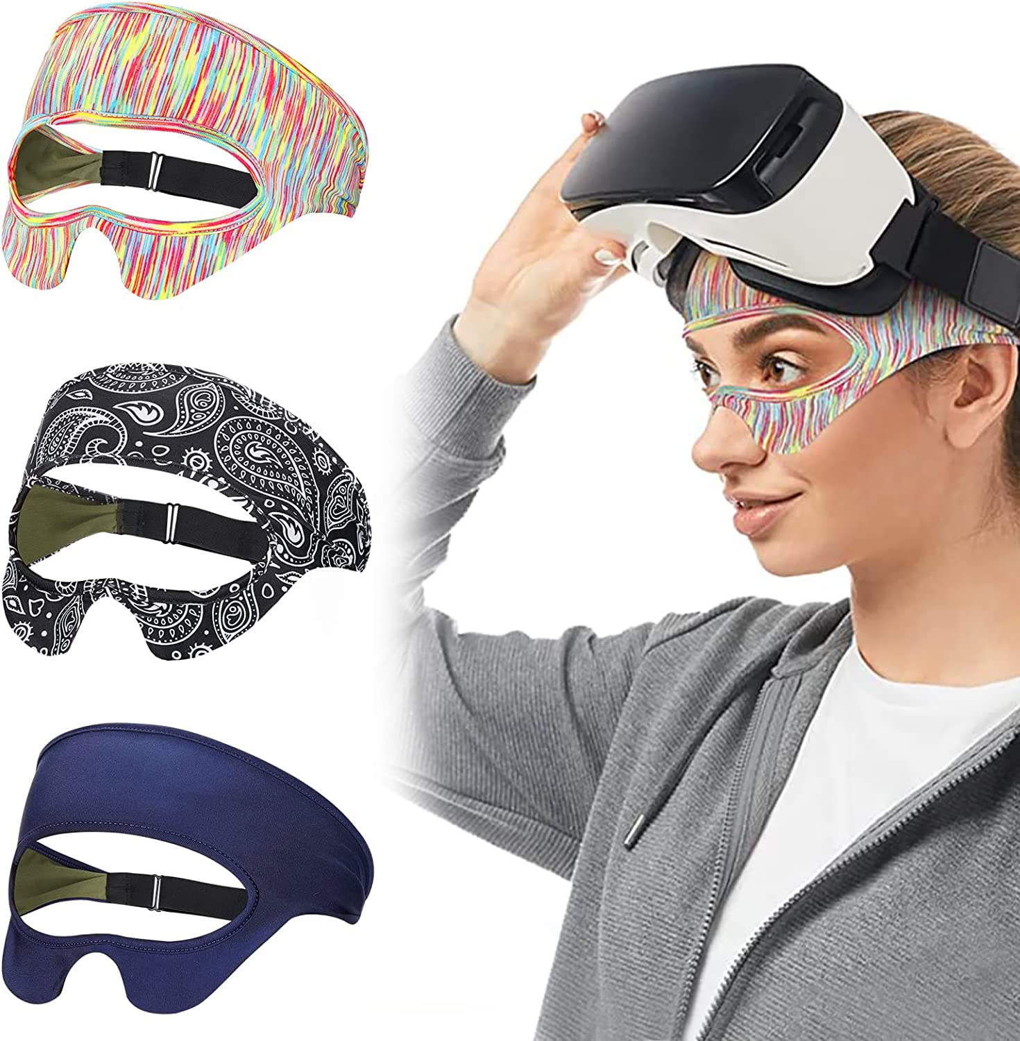 Aiaugen VR Sweat Band, Adjustable VR Mask, Breathable VR Eye Mask Cover, for Oculus Quest 2, HTC Vive, PS, Gear, VR Workouts, 3Pcs