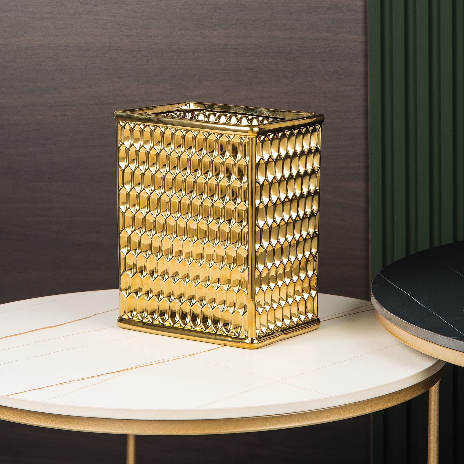 RZCNC Ceramic Gold Square Trash can Waste Basket, Decorative Garbage Can for Bathroom, Bedroom, Home Office, Kitchen, Dorm, College (1.5 Gallon, Small, Open Top)