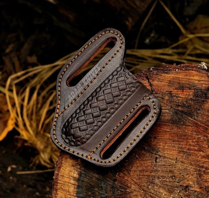 ADAM KNIVES Leather Pocket Knife Sheath For Belt, Slanted Sheath, Tooled Leather Sheath, Beautiful Folding/Trapper Knife Leather Cover 100% Real Leather (Dark Brown)