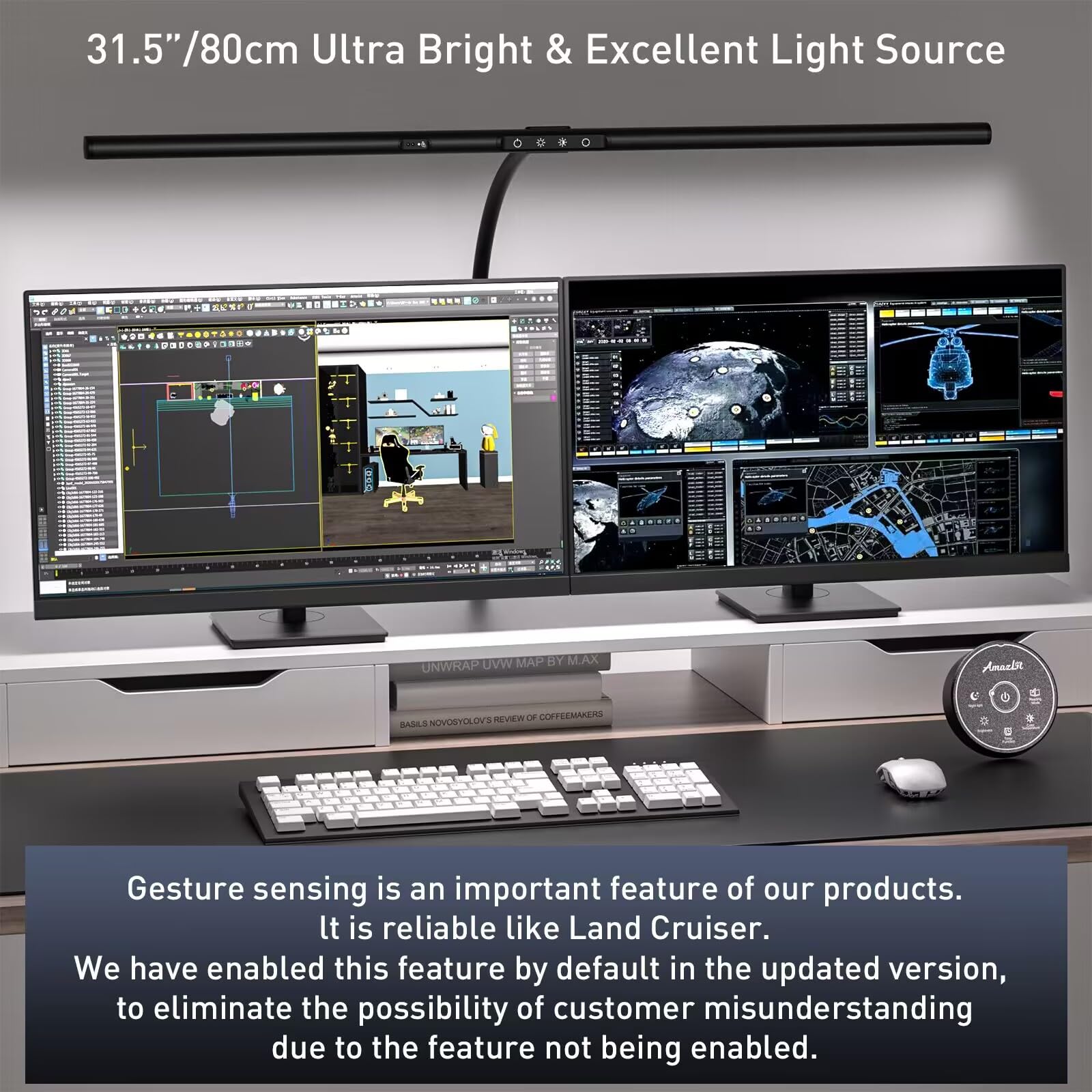 AmazLit Desk Lamp 31.5" W, Desk Lamp for Home Office, Gesture Sensing Desk Light, Monitor Light, Adjustable Color Temperature & Brightness, Table Lamp 24W Brightest, Black