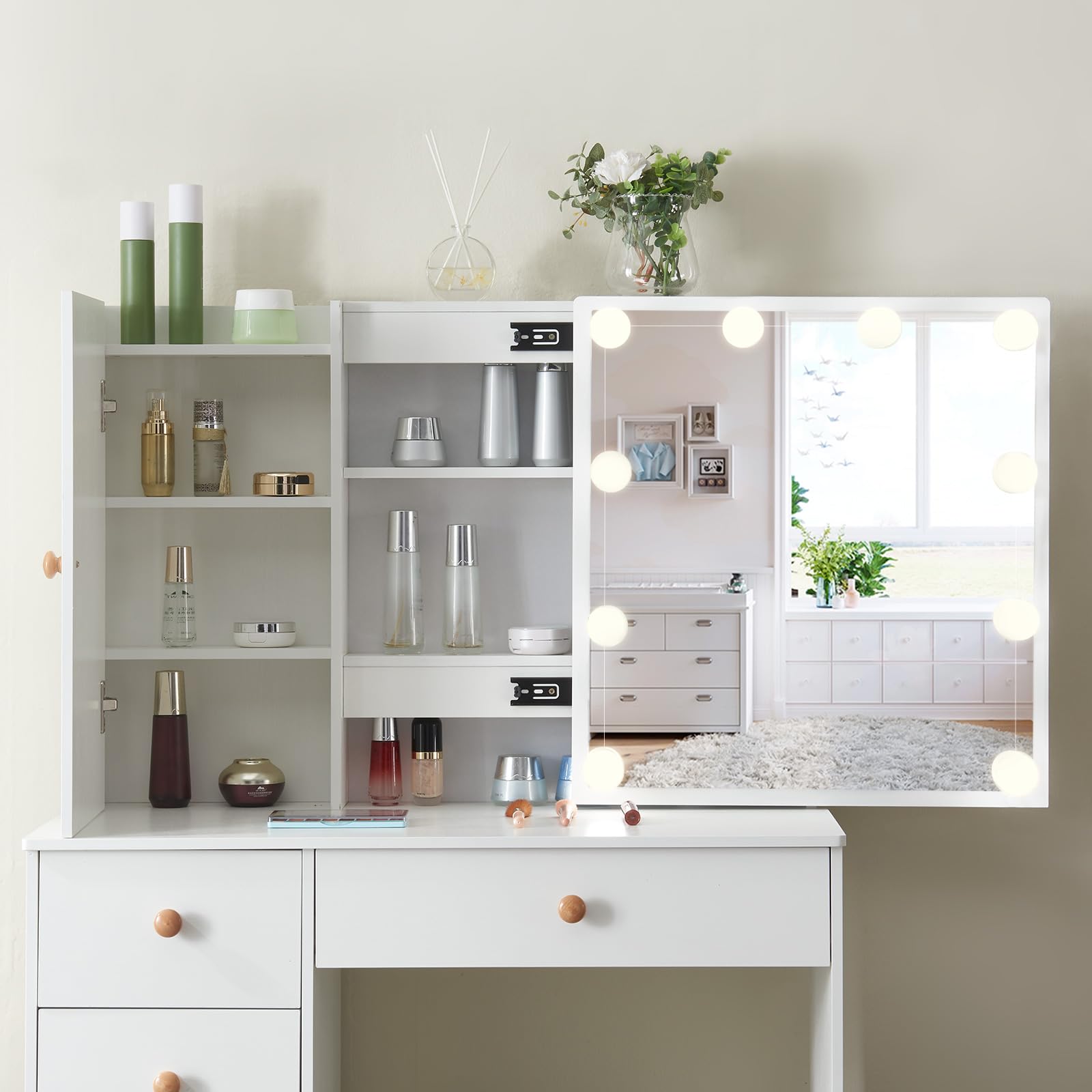 Abesthink Makeup Vanity with Lights, Makeup Vanity Desk with Mirror and 10 LED Lights,Vanity Table Set with 5 Drawers, Cabinet,Stool and Hidden Shelves,Vanity Set Dressing Table for Bedroom, White