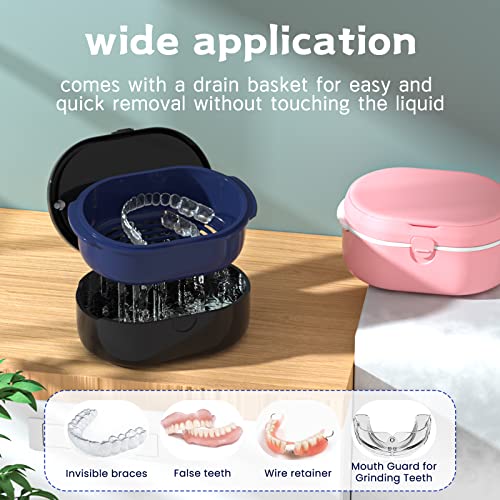 Denture Bath Box And Denture Brush Denture&Retainer Set, Denture Case with Mirror (Black)