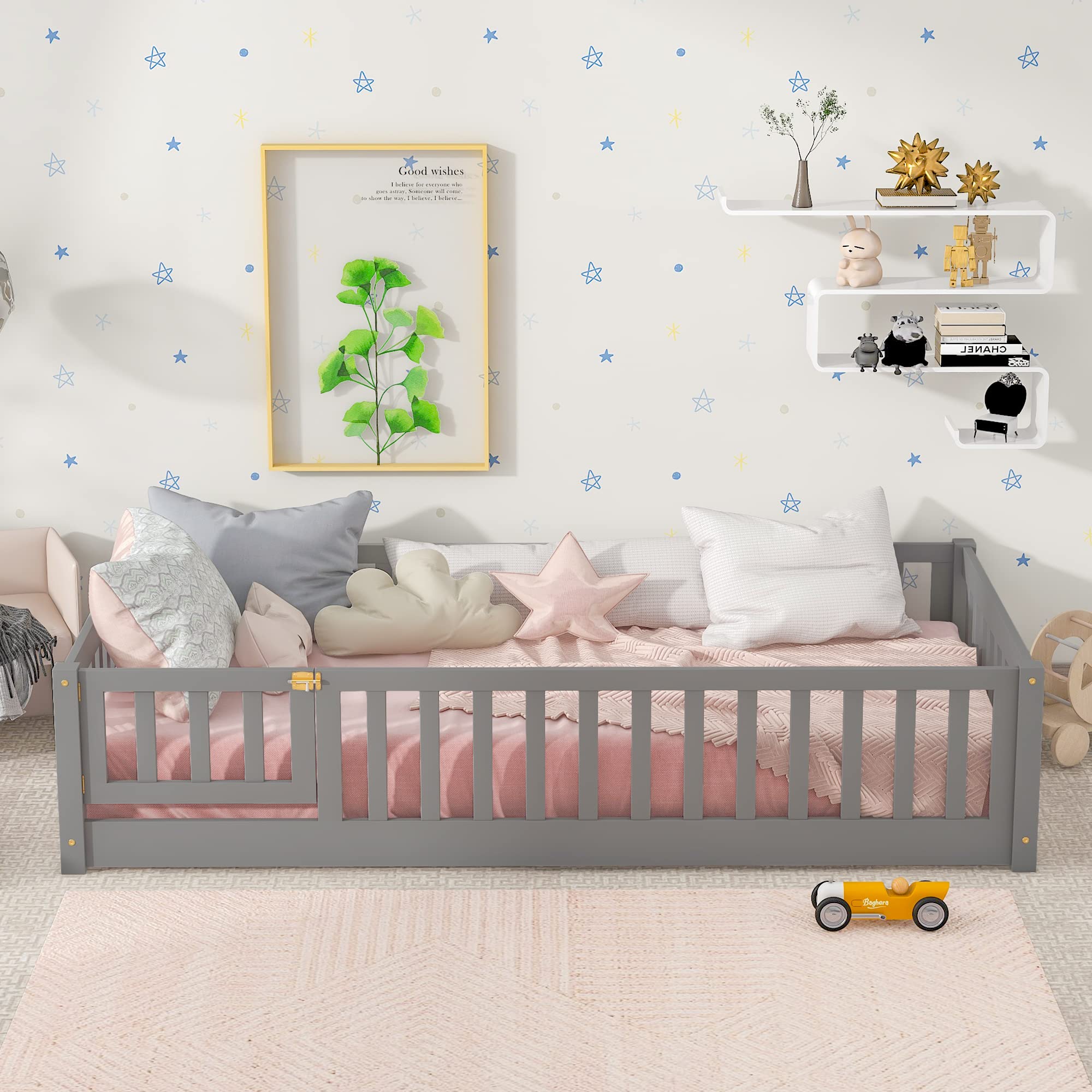 LLS Twin Floor Bed for Children, Durable Montessori Floor Bed with Wood Slats, Safety Fence & Small Door for Girls Boys, Gray (with Bed Slats)