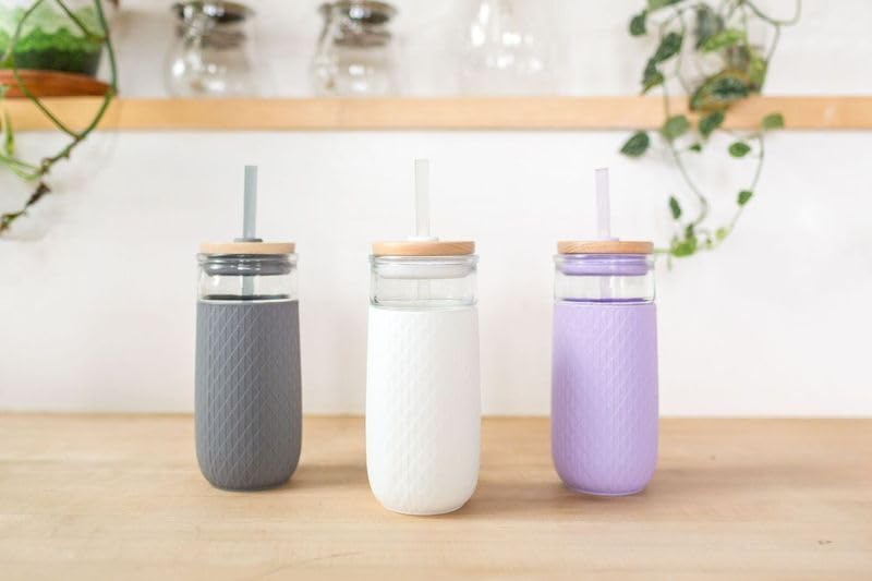 Ello Devon 18oz Glass Tumbler with Straw, Friction Fit Bamboo Wood Lid and Silicone Sleeve | Perfect for Iced Coffee, Tea, and Smoothies | White