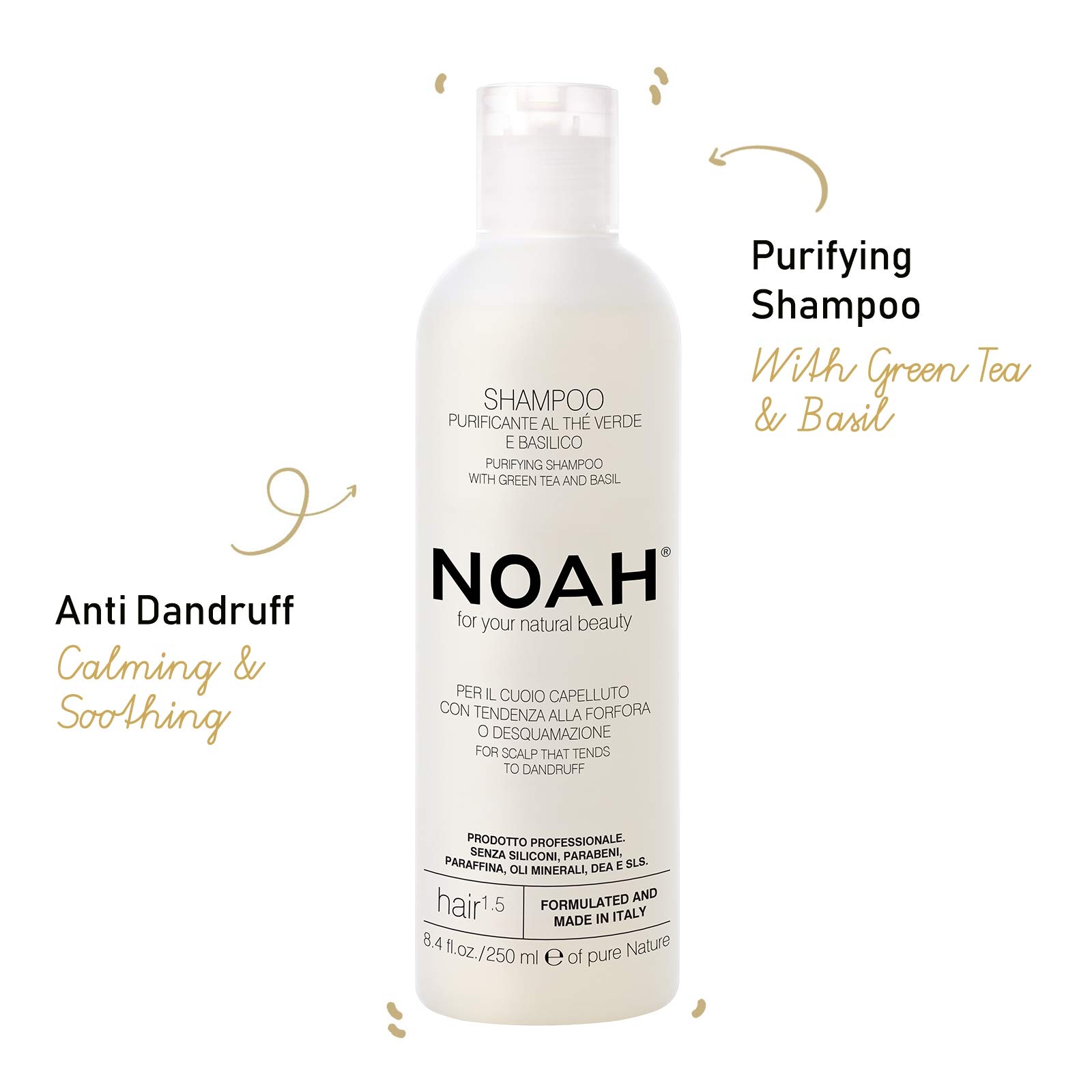 Noah Hair - 1.5 Purifying Shampoo with Green Tea and Basil - Organic Shampoo - With Green Tea Extract and Essential Oils– Natural Shampoo - Dandruff Shampoo - Hair Care for Natural Beauty - 8.5 fl.oz