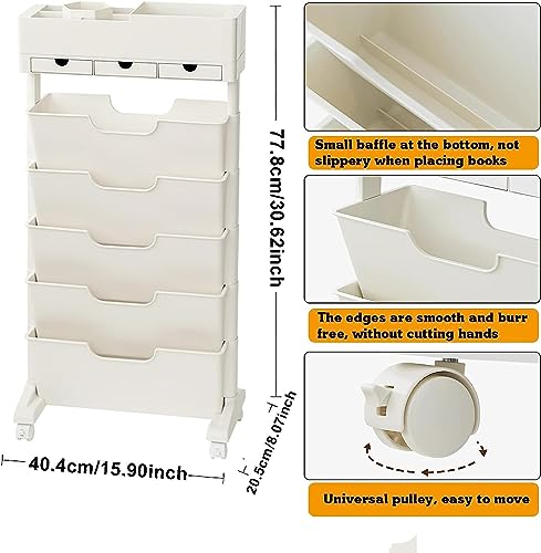6 Tier Rolling Utility Cart,Multi-Functional Movable Storage Book Shelves With Lockable,Mobile Bookshelf Unique Bookcase Rolling Storage Cart,For Study Office Kitchen Classroom,Without drawer,C