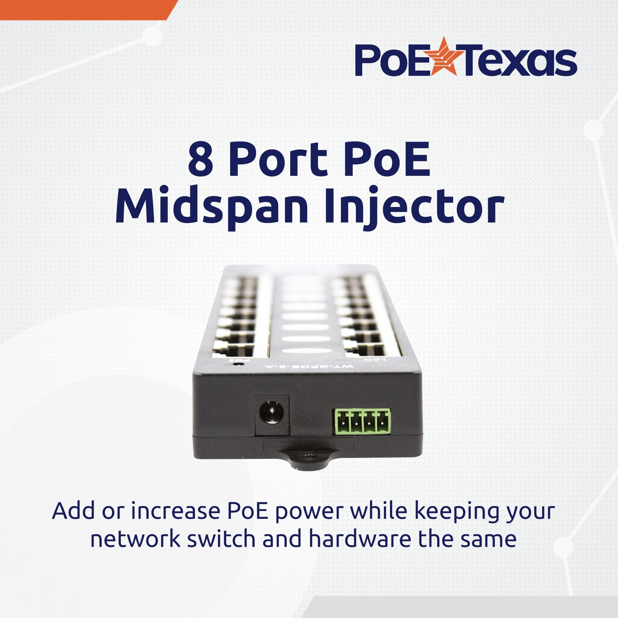 PoE Texas 8 Port PoE Injector - Gigabit Passive Power Over Ethernet Midspan - Front Wall Mount Solution for Security Cameras, IP Phones, WiFi APs - Add PoE to Non-PoE Switch (Without Power Supply)