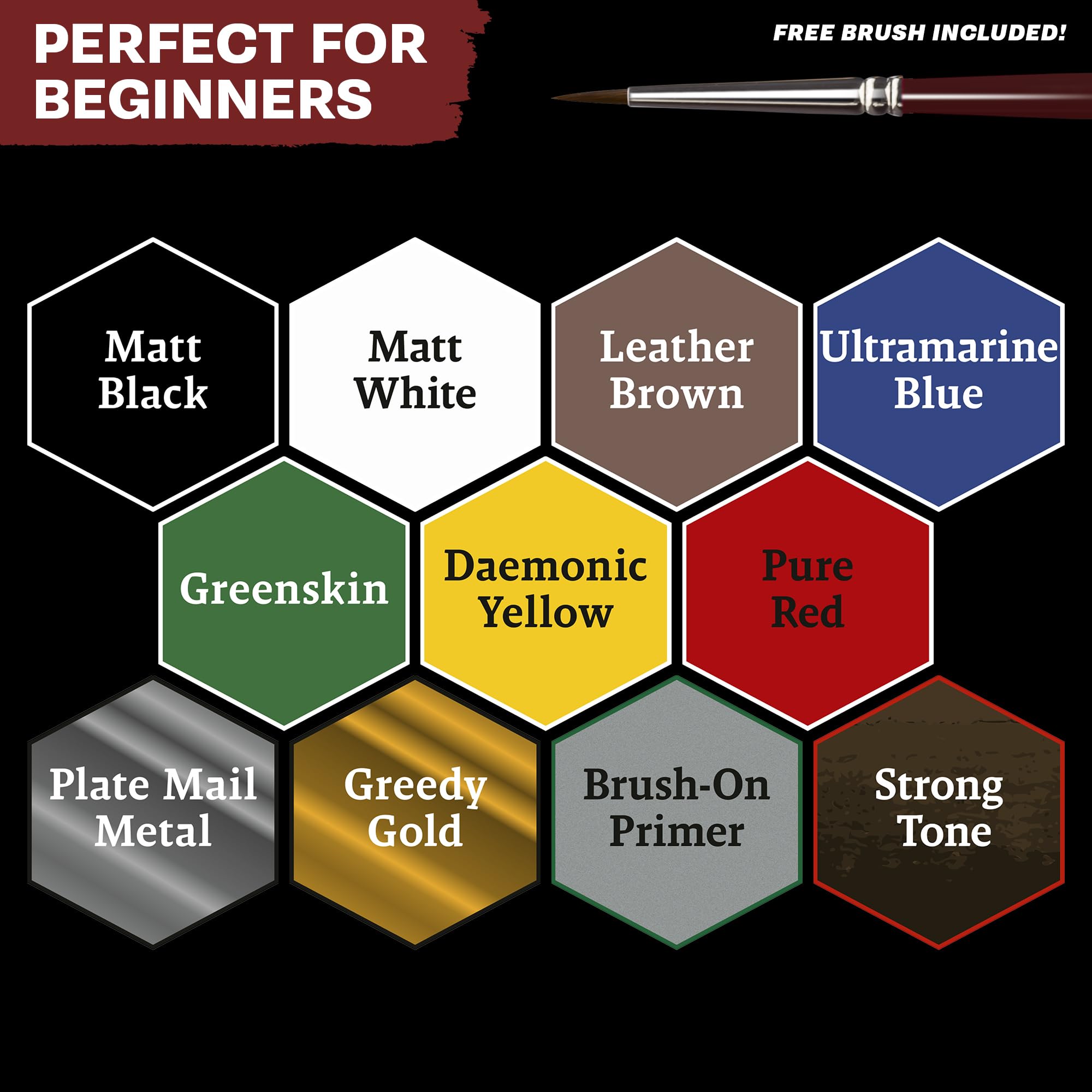 The Army Painter Warpaints Fanatic: Starter Set, 11 paints: 7 acrylic colours, 2 Metallics, 1 Wash, 1 Brush-On Primer, 1 Free Miniature figure and Starter Brush