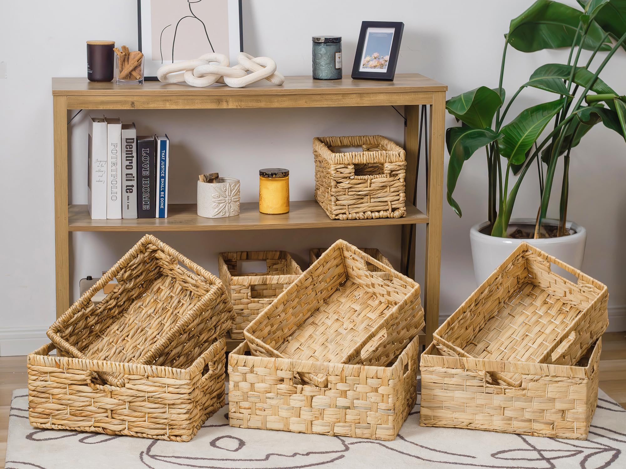 StorageWorks Wicker Basket, Hand-Woven with 3 Handles, Laundry Baskets for Organizing, Water Hyacinth Storage Baskets, 1-Pack, 15 ¼" L x 11 ¼" W x 7" H