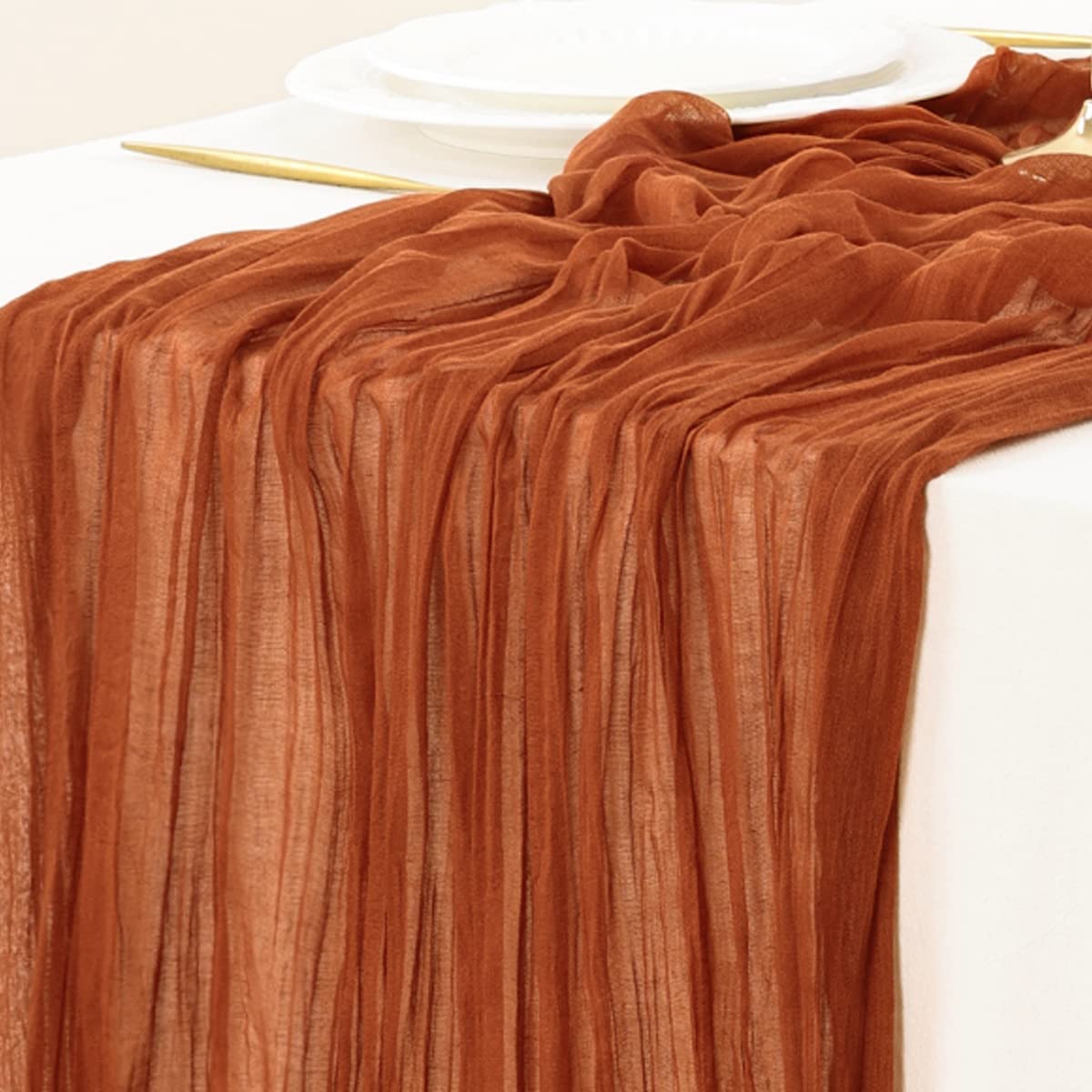 Socomi Terracotta Table Runner Thanksgiving Spring Easter Cheesecloth Table Runner 120 inch Cheese Cloth Runner 10FT Boho Rustic Gauze Table Runner for Wedding Party Baby Shower Birthday Decor