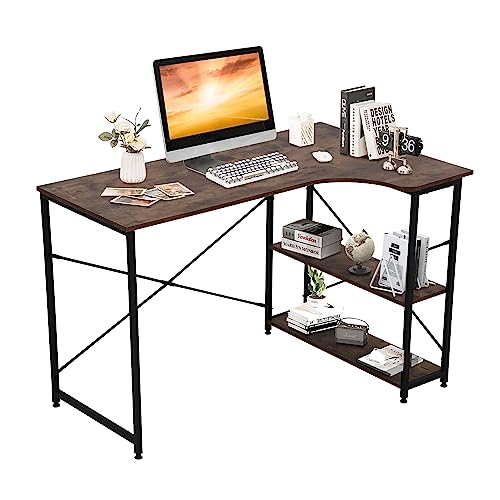 Computer Table, Computer Desk L Shaped with Extra Shelf, 47 Inch Corner Desk for Small Space with Adjustable Leg Pads, 30.5"H Office Table for Home Office Small Space, Modern Simple Style, Brown