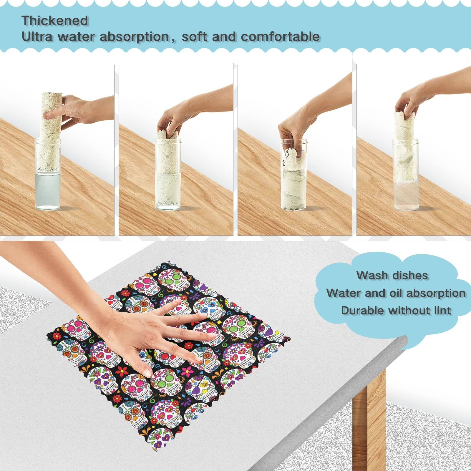 ALAZA Dish Towels Kitchen Cleaning Cloths Sugar Skull Dish Cloths Super Absorbent Kitchen Towels Lint Free Bar Tea Soft Towel Kitchen Accessories Set of 6,11"x11" 2