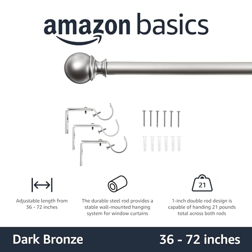 Amazon Basics 1-Inch Curtain Rod with Round Finials, 36 - 72 Inches, Nickel - Pack of 2