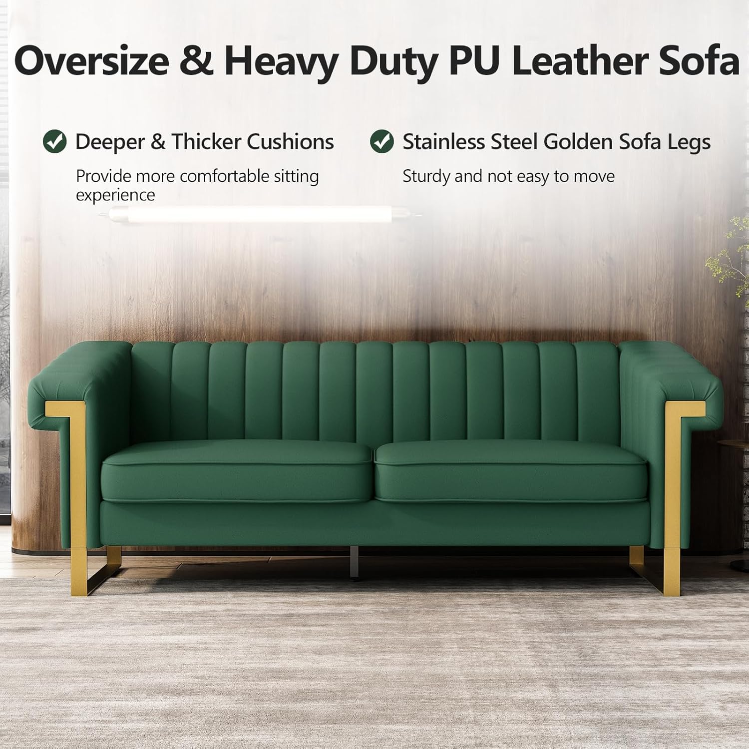 ReyTinn PU Faux Leather Sofa, 83.86" Mid-Century Modern Oversized Loveseat Couch, Large Classic Upholstered 3-Seater Deep Sofa with Arms for Living Room, Apartment, Office Black