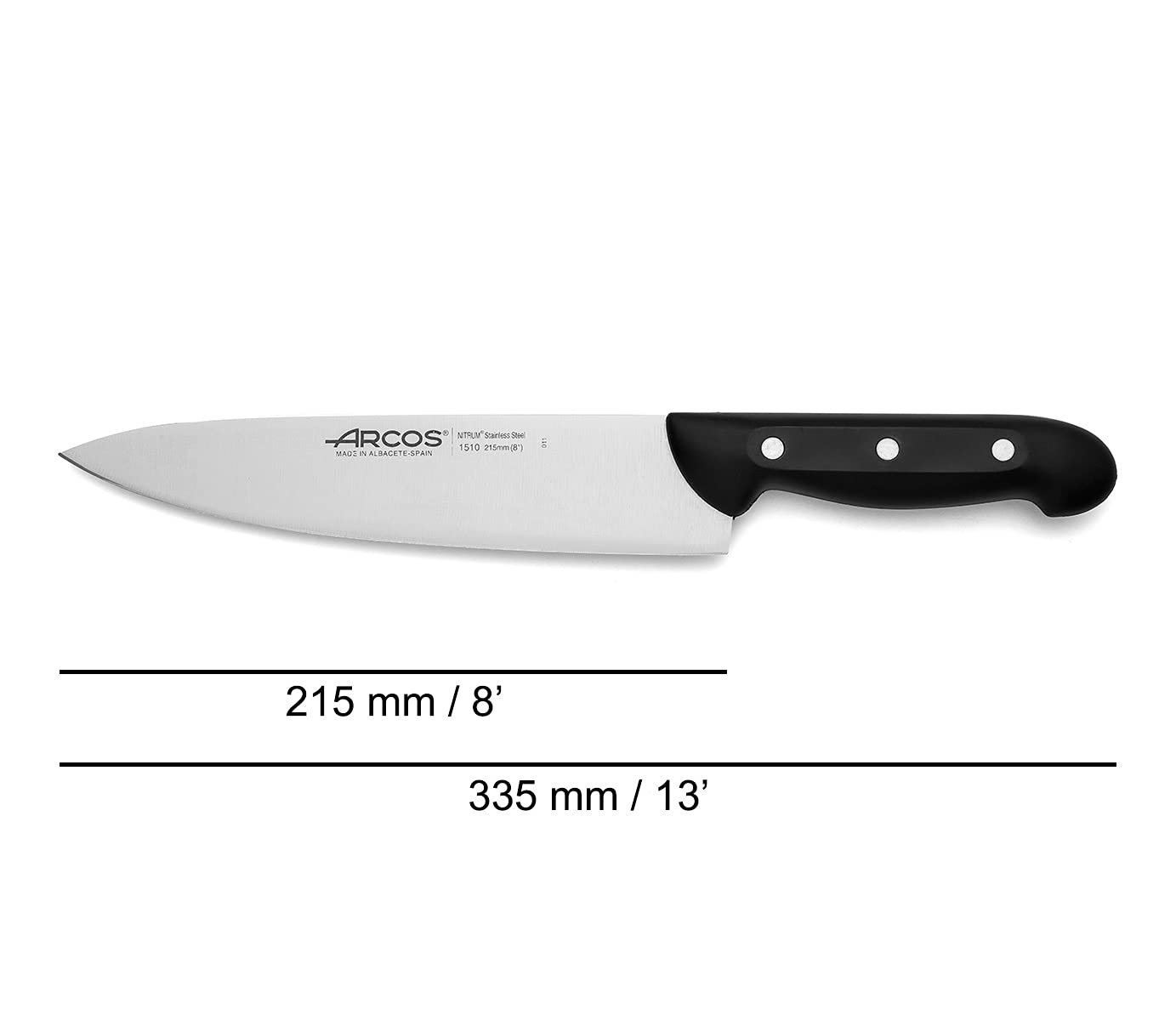 ARCOS Chef Knife 8 Inch Stainless Steel. Multi-use Professional Cooking Knife for Cutting Meat and Vegetables. Ergonomic Polyoxymethylene Handle and 215mm Blade. Series Maitre. Color Black
