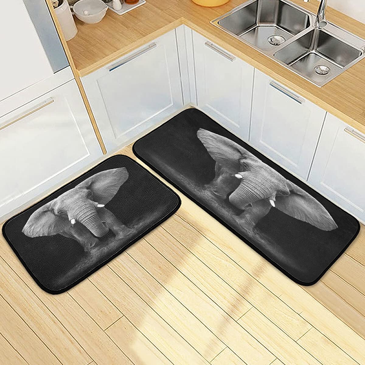 ALAZA Elephant Animal Black Non Slip Kitchen Floor Mat Set of 2 Piece Kitchen Rug 47 x 20 inches + 28 x 20 inches for Entryway Hallway Bathroom Living Roo