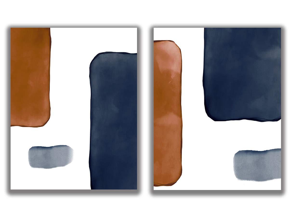 Abstract Navy Blue, White & Rust Blocks Wall Art. Set of 2 11x14 UNFRAMED Prints. Abstract, Minimalist Modern Wall Decor. Neutral Shades of Dark Indigo Blue, Burnt Orange and White.