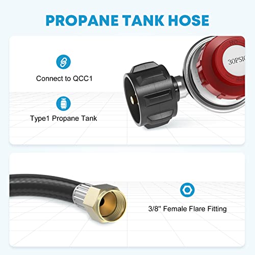 Kohree 4FT Adjustable Propane Regulator with Hose High Pressure, 0-30 & 0-60 PSI Gauges & β
Flare Fitting for Fire Pit, Fryers, Burners, Heaters, QCC1 Tank, BBQ Grill, Smoker, Cooker, Stoves