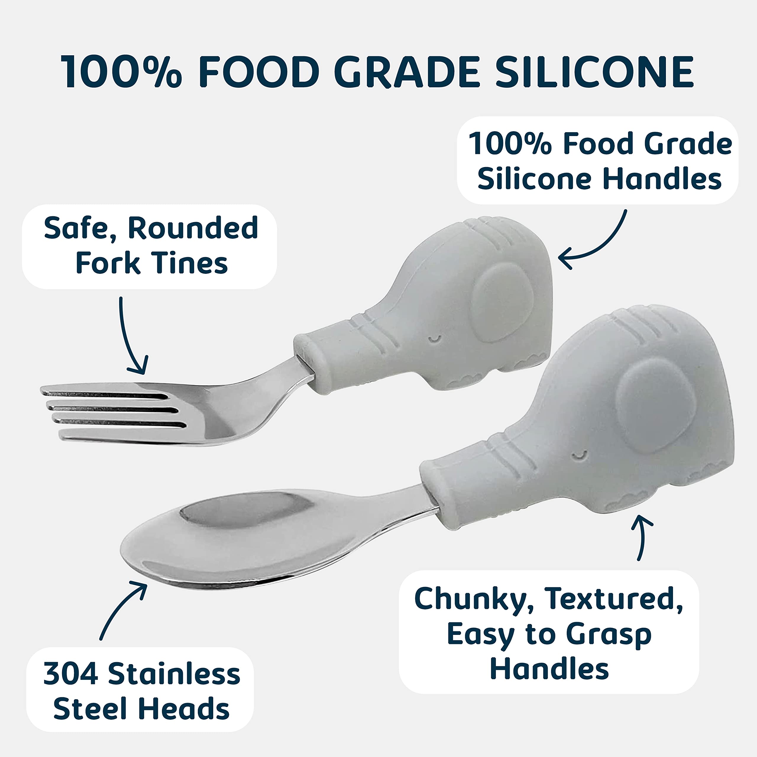 Tiny Twinkle Easy Grip Toddler Utensils Spoon and Fork Set - BPA & Phthalate Free Utensil Sets, Kids Silverware With Silicone Handle, Baby Led Weaning Supplies for 12 Months & Up (Grey Elephant)