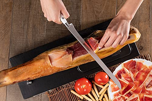 ARCOS Forged Slicing Knife / Ham Knife 12 Inch Nitrum Stainless Steel and 300 mm blade. Ergonomic Polyoxymethylene POM Handle. Series Riviera Blanc. Thin blade with a characteristic smooth edge. Color White.