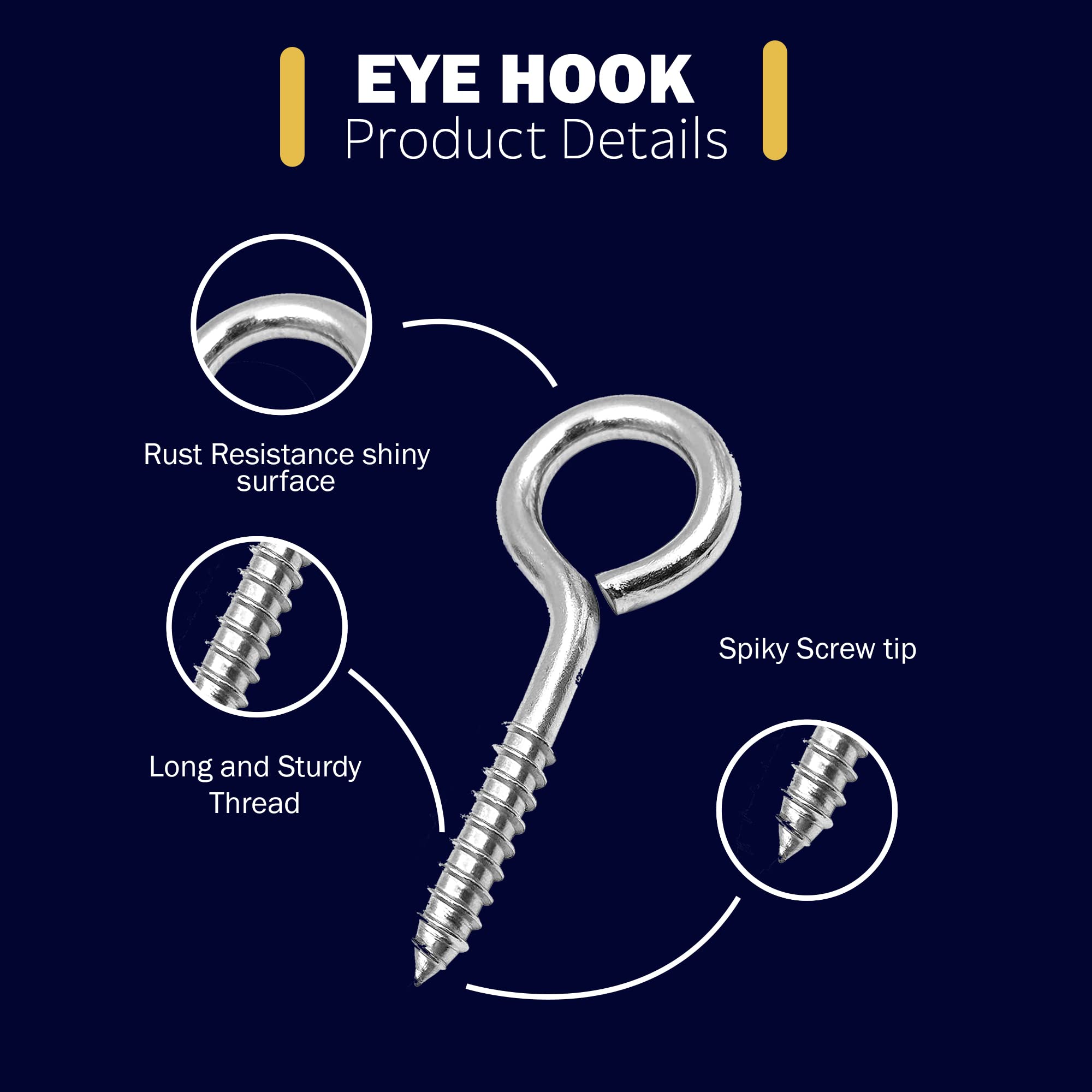 ADEES Pack of 10 Eye Hooks Screw 3.2 Inches for Load Lifting, Securing Cables, Chains & Ropes | Heavy Duty Eye Bolt for Indoor Outdoor Use | Self-Tapping Eye Screws Made to Last