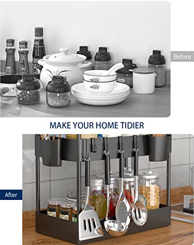 Axbima 2 Tier Under Sink Organizer, Under Bathroom Sink Storage, Under Kitchen Sink Shelf Rack with 2 Hanging Cups & Hooks for Cabinet Countertop Bathroom Laundry Garages (Black)