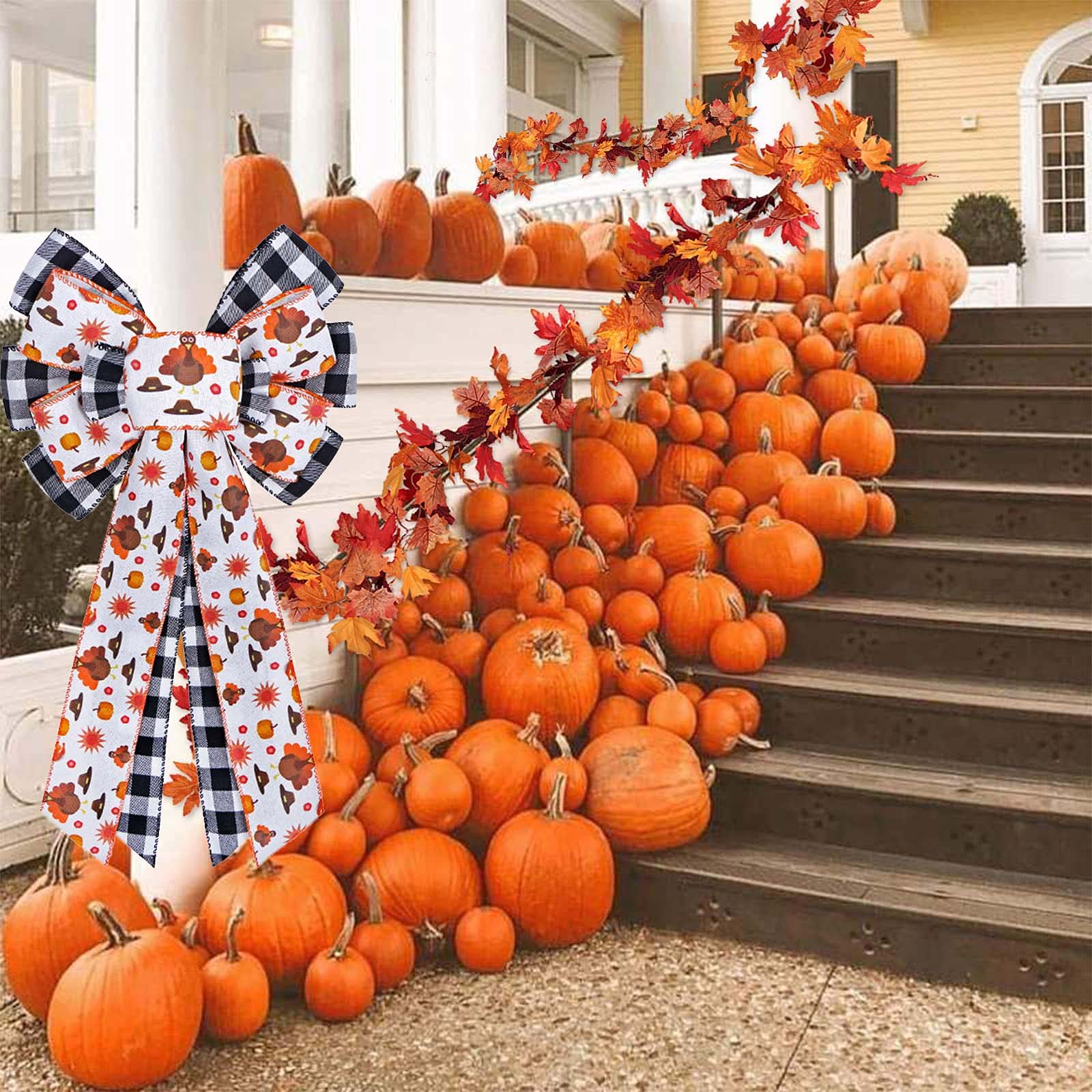 Fall Wreath Bows, Autumn Bow Black White Buffalo Plaid Turkey Wreath Bow for Fall Bows Knot Thanksgiving Dinner Party Fireplace Christmas Halloween Home Garden Party Decor