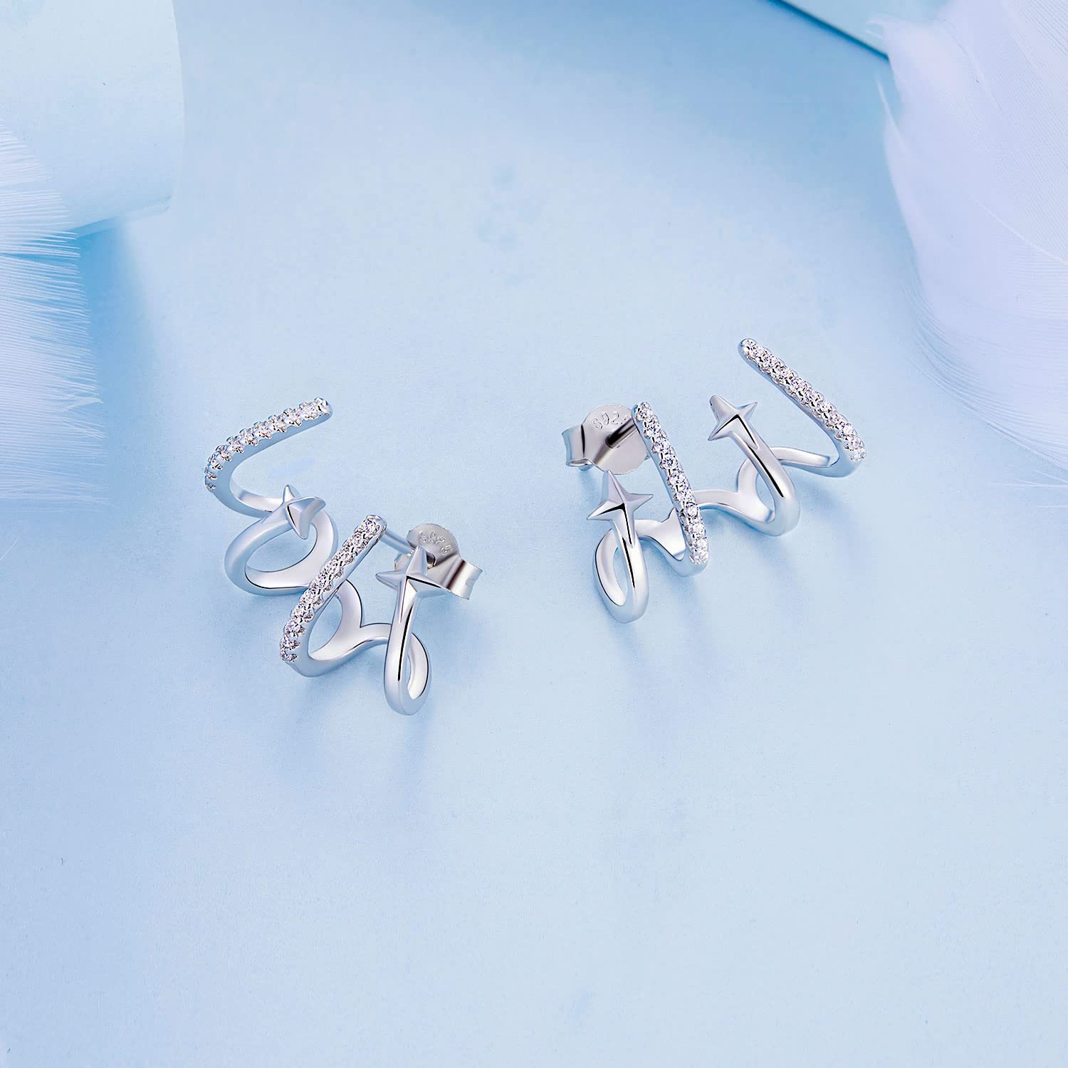 925 Sterling Silver Claw Earring Cuff for Women Star Needle Ear Cuffs Stud Earrings Half Hoop Stud Earrings Looks Like 4 Hoop Earrings