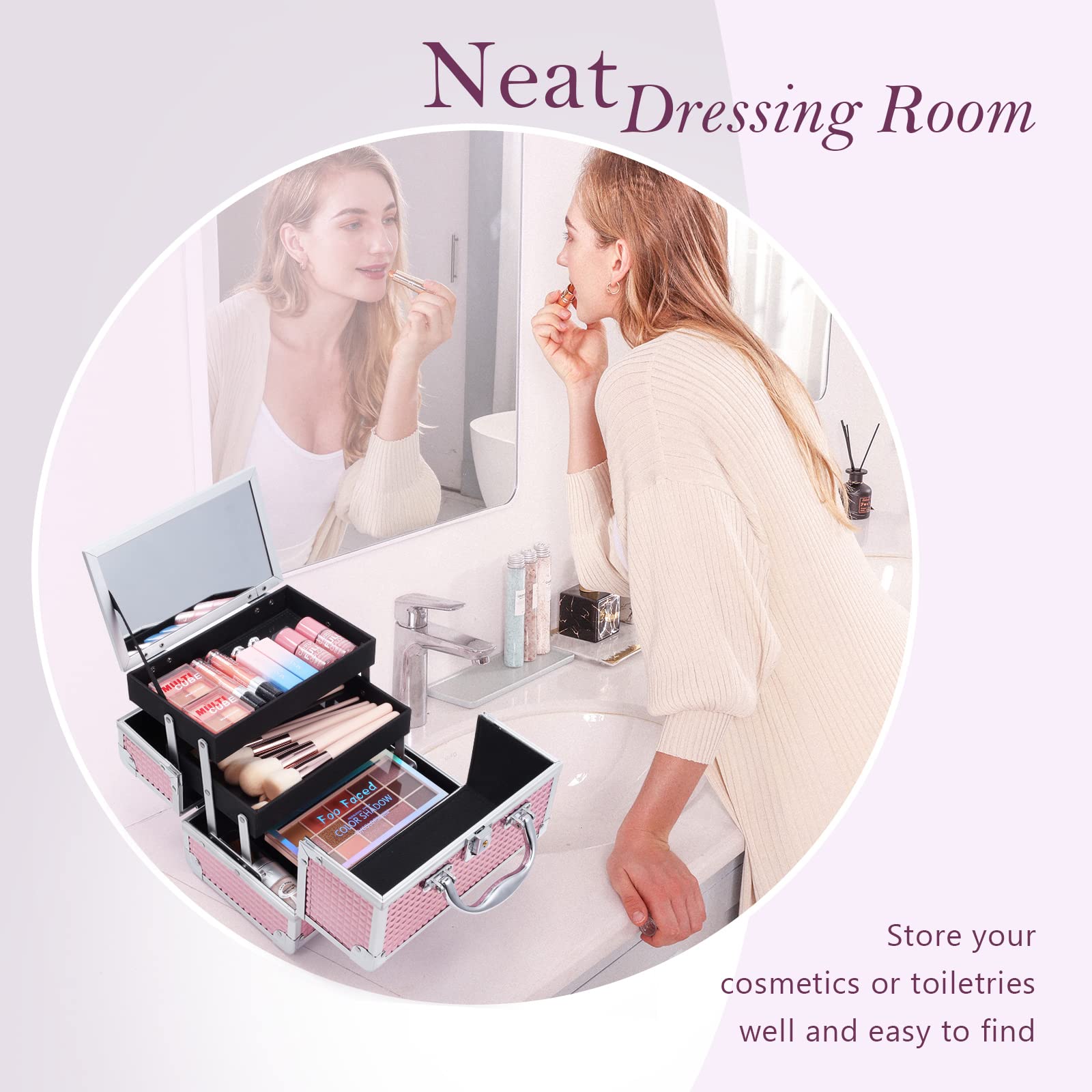 FRENESSA Makeup Train Case Cosmetic Case Organizer Portable Makeup Box 2 Trays with Lockable Mirror Makeup Storage Organizer for Girls Makeup Artist Makeup Tools Travel Makeup Case Glitter Pink