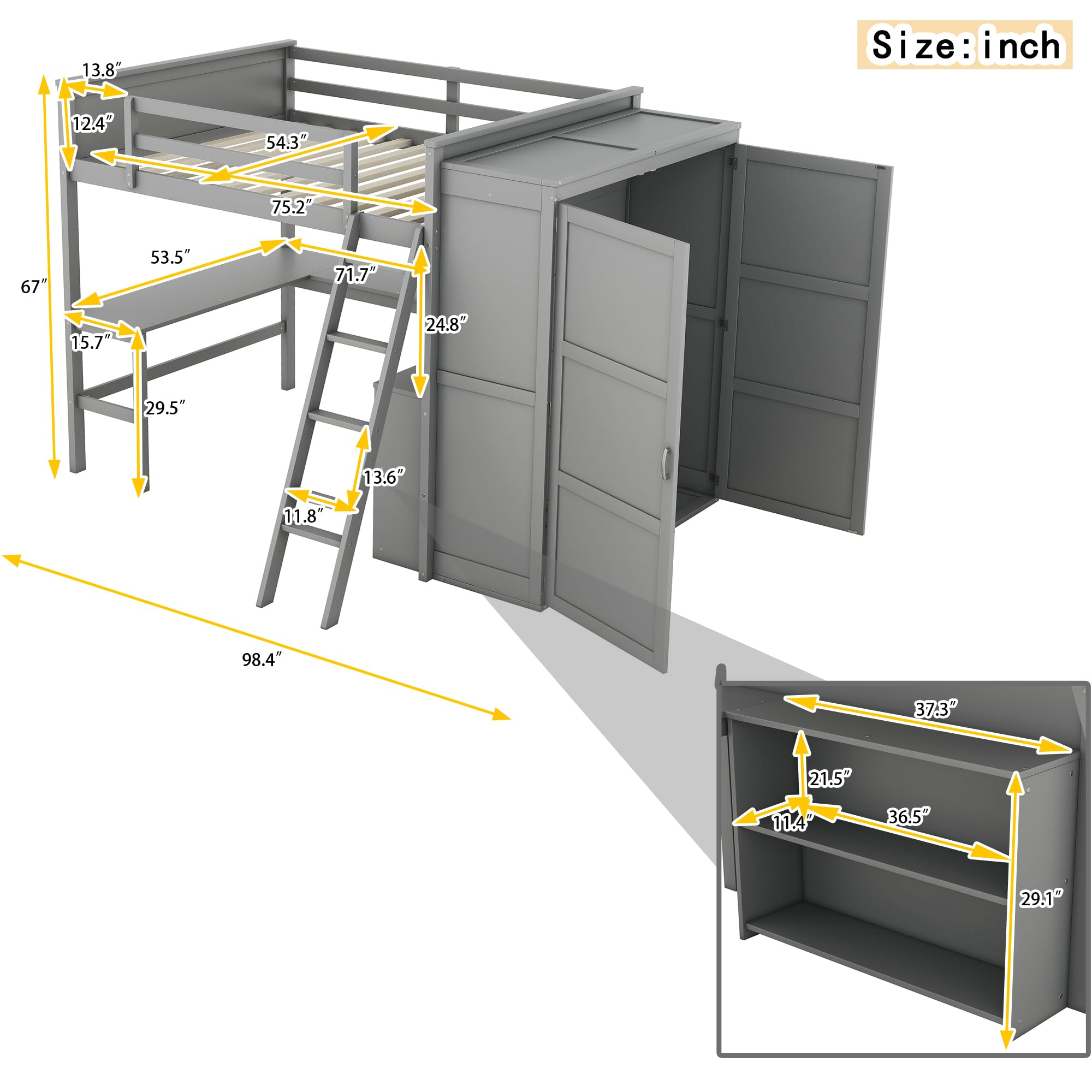 LostCat Full Size Loft Bed with Desk and Wardrobe, Wooden High Loft Beds Frame with Storage Shelves & Closet for Kids,Teens, Adults,No Box Spring Needed, Noise Free for Dorm Bedroom, Grey