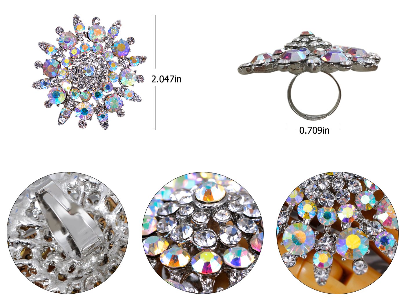 Alilang Adustable Silvery Tone Iridescent Clear Crystal Colored Rhinestones Floral Ring