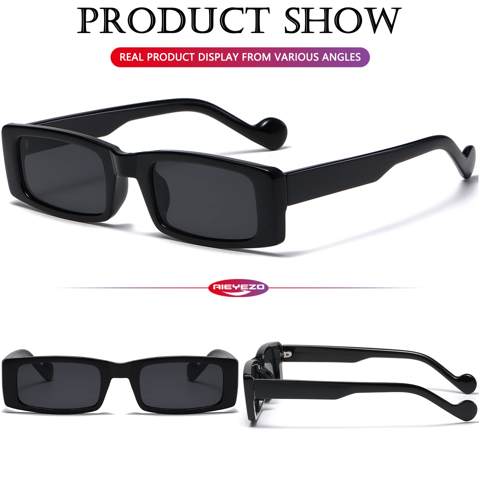 AIEYEZO Narrow Rectangle Sunglasses for Women Men Small Square Frame Sun Glasses 90s Retro Style Shades (Black/Grey)