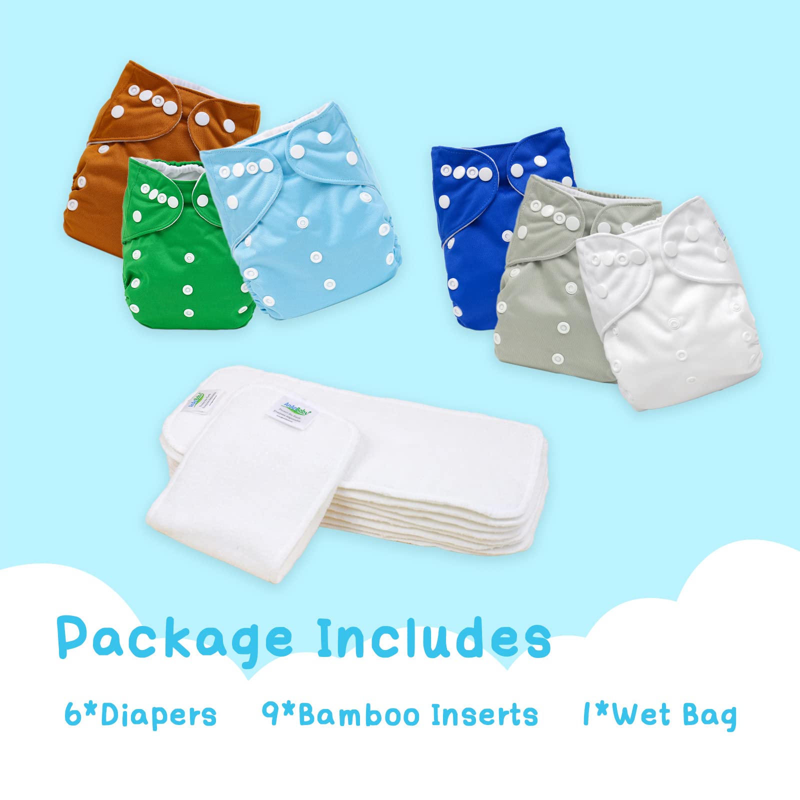 AnAnBaby Reusable Cloth Diapers for Babys, One Size Adjustable Washable Pocket Nappy Covers 6 Pack with 9pcs Microfiber Inserts for Toddler Boys & Girls