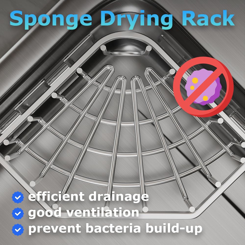 Sink Sponge Holder Corner Sink Caddy Sink Organizer for Kitchen Bathroom Save Space Triangle Soap Holder Stainless Steel Shower Caddy No Drilling Sponge Caddy with 2 Pcs Adhesive Hook