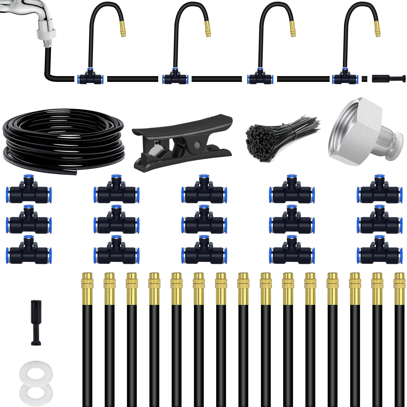 49.21Ft Bendable Drip Irrigation Kit 360°Adjustable Automatic Watering System + 15 Upgraded T-Joints + 15 Misting Nozzles + Faucet Adapter + Install Adapters for Garden Flower Bed (45PCS)