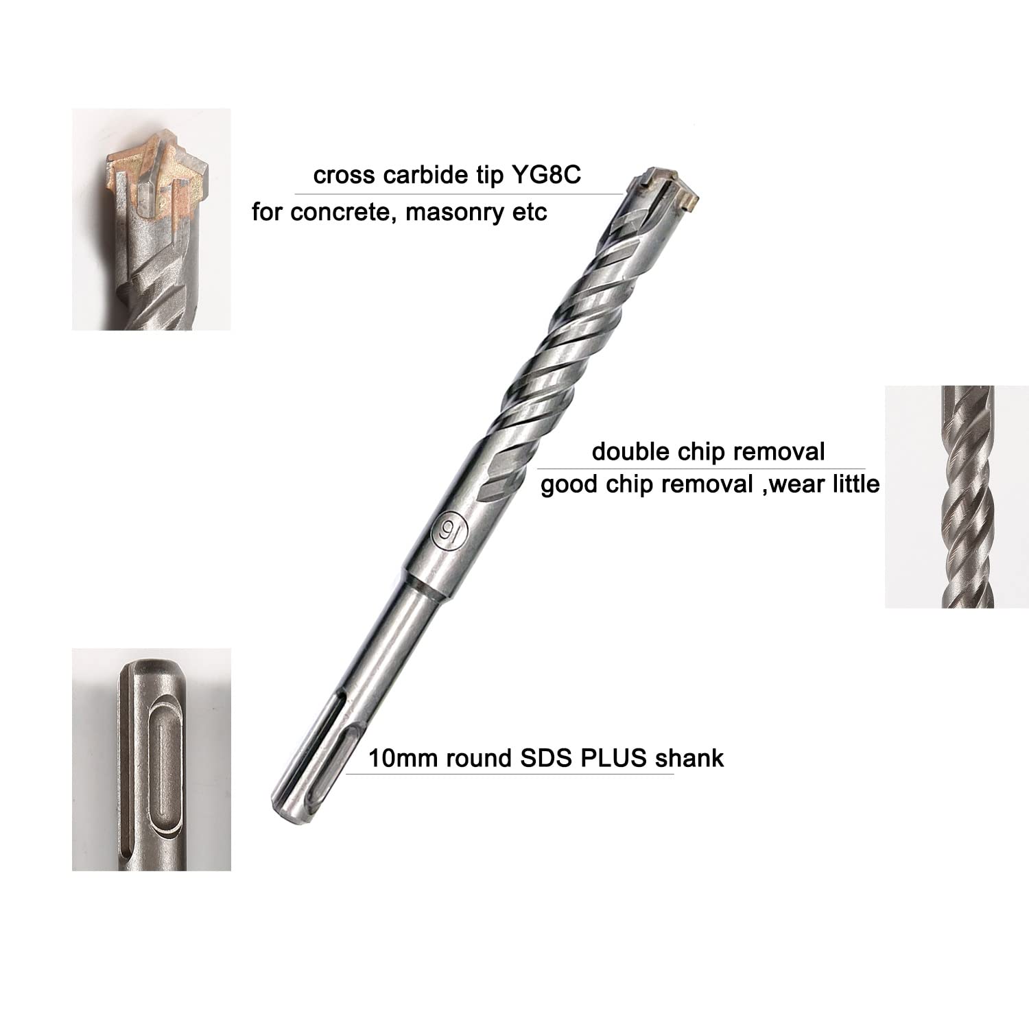 JFOGO 10 Pieces Carbide-Tipped SDS-Plus Rotary Hammer Drill Bit Set for Concrete,Brick,Block,Stone,Masonry