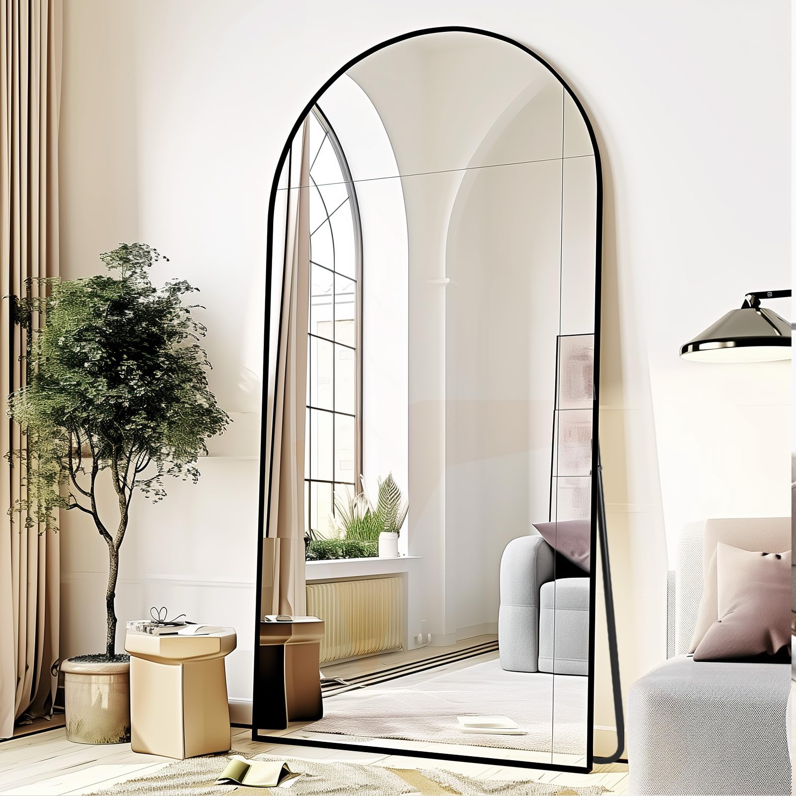 ABSWHLM 71"x32" Mirror Full Length Arched Floor Mirror with Stand Aluminum Alloy Frame Large Mirror for Living Room, Bedroom Hanging Standing or Leaning Wall-Mounted, Black