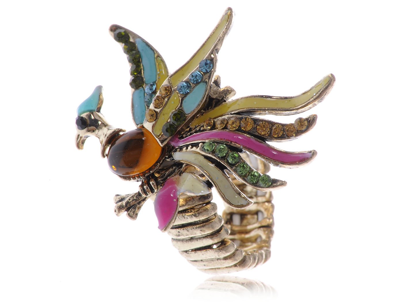 Alilang Womens Elastic Antique Gold Rhinestones Colorful Phoenix Bird Ring