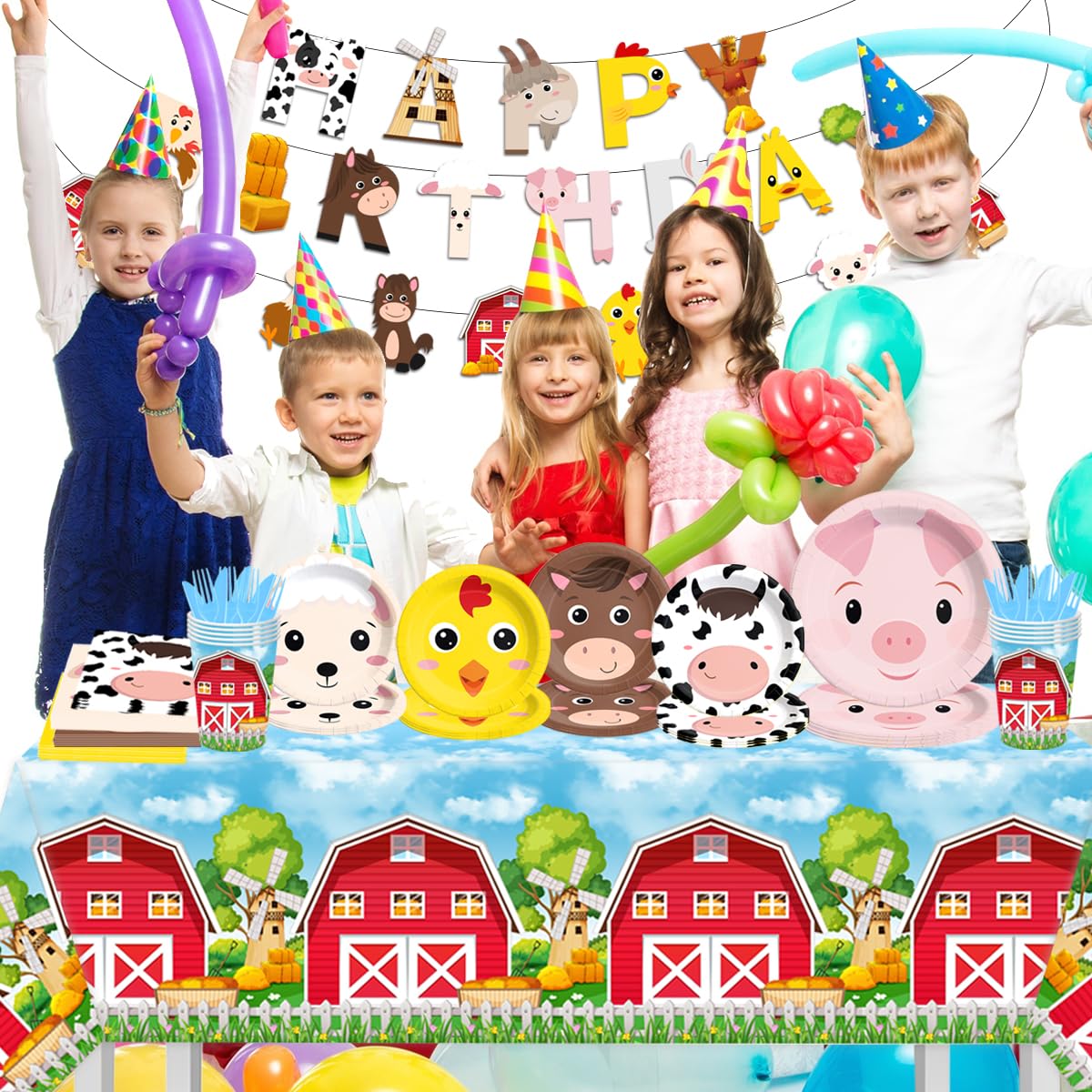 Farm Birthday Decorations-142Pcs Farm Animals Tableware Barnyard Themed Plates and Napkins Kit Farm Birthday Party Supplies for 20 Guest