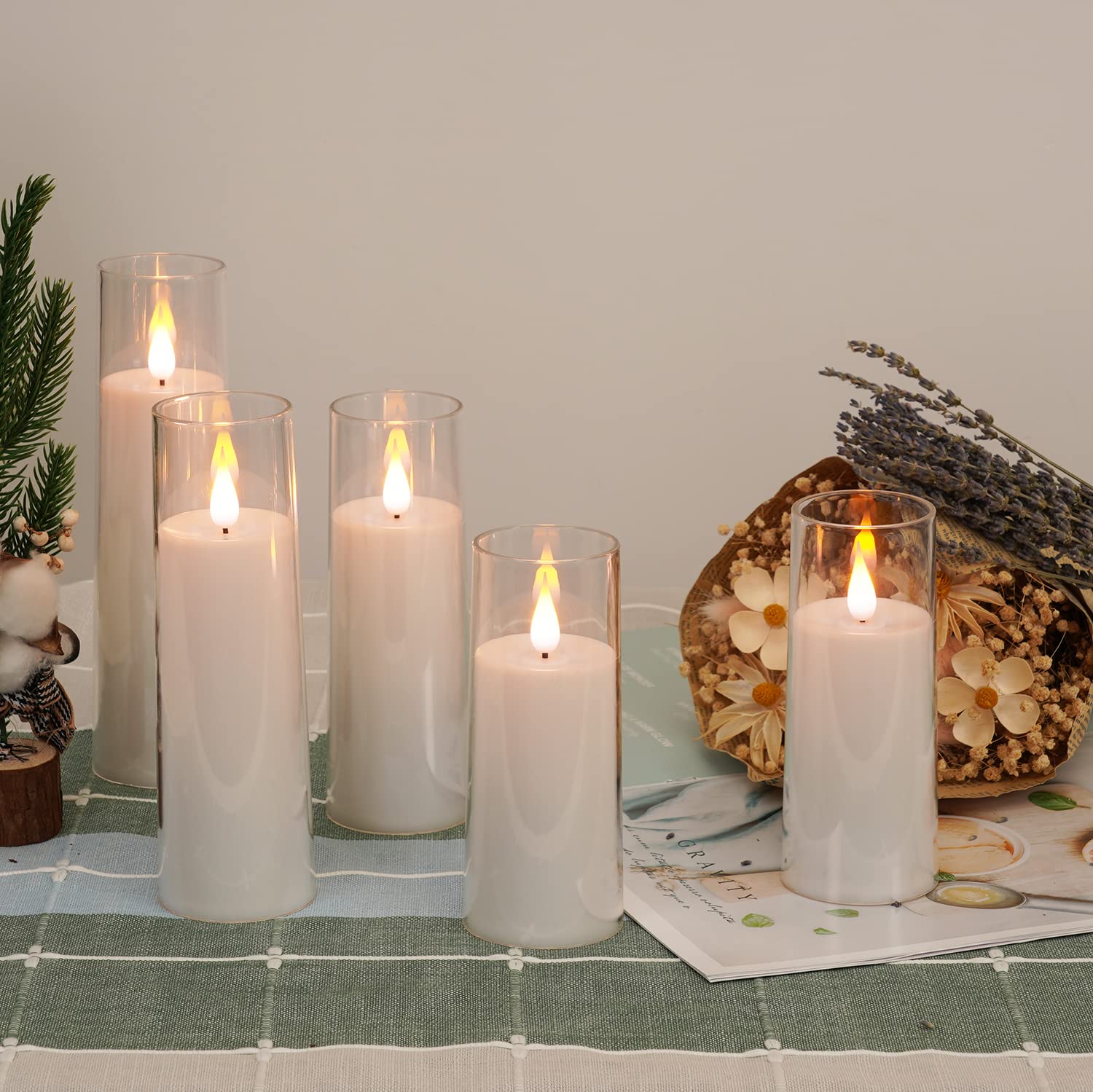 Amagic Pure White Flameless Candles, Battery Operated Candles, Flickering LED Pillar Candles with Remote Control and Timer, 3D Wick, Yellow and Blue Glow, Set of 5